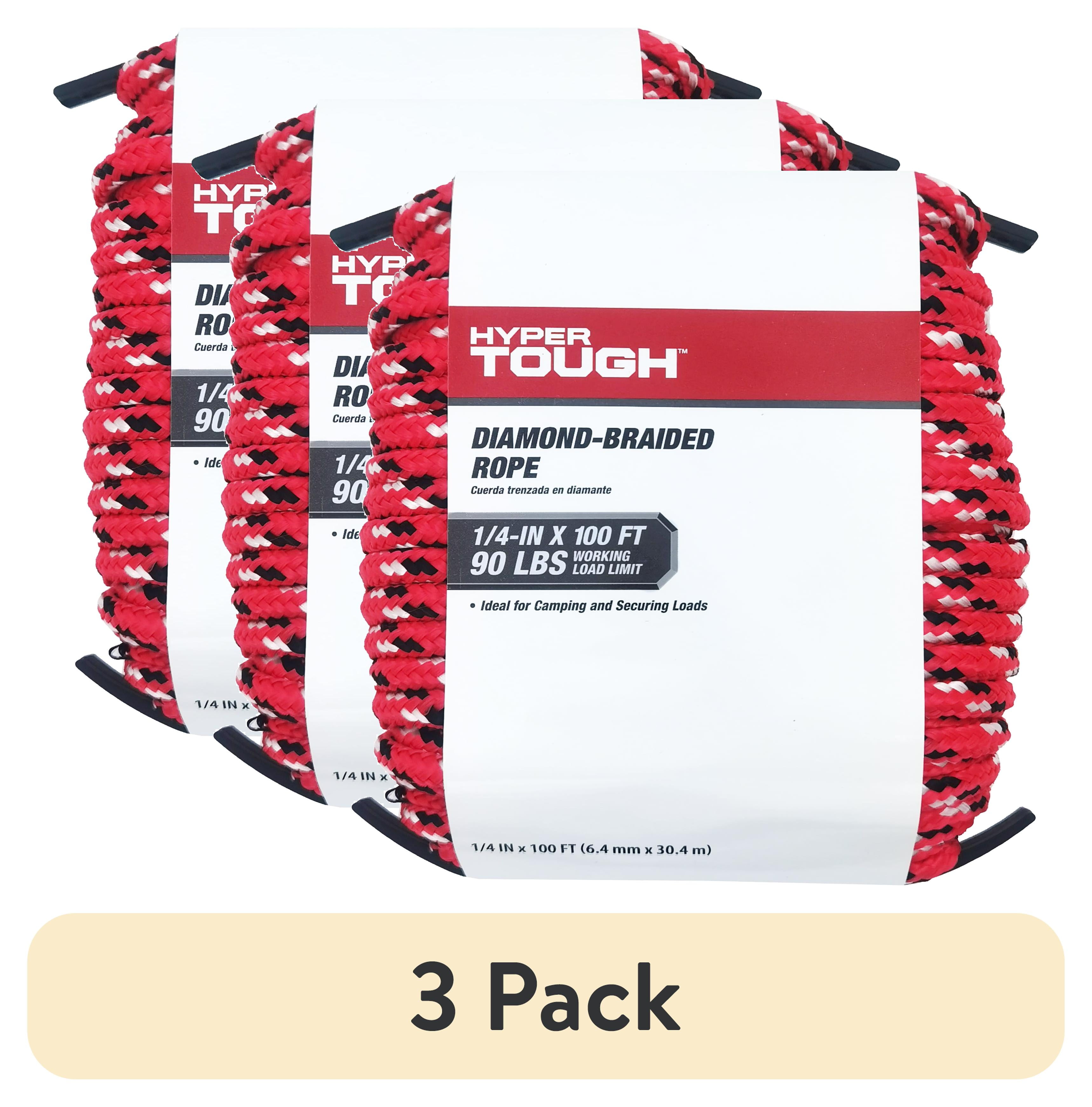 (3 pack) Hyper Tough Polypropylene, Diamond Braided Rope, Red, 1/4 inch ...