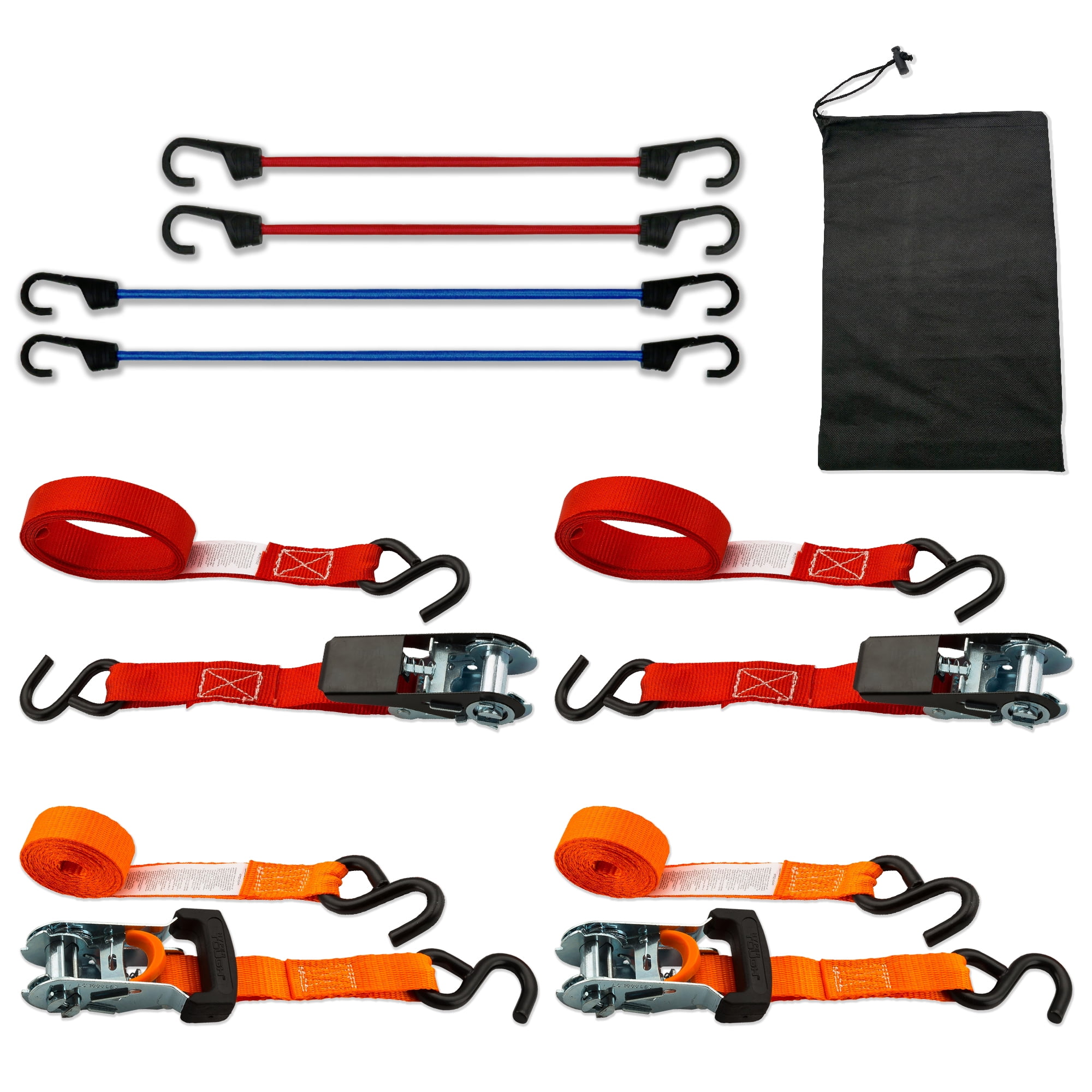 Hyper Tough Steel Ratchet Tie Downs and Bungee Cords Set, 8-Pack, 5.5 ...
