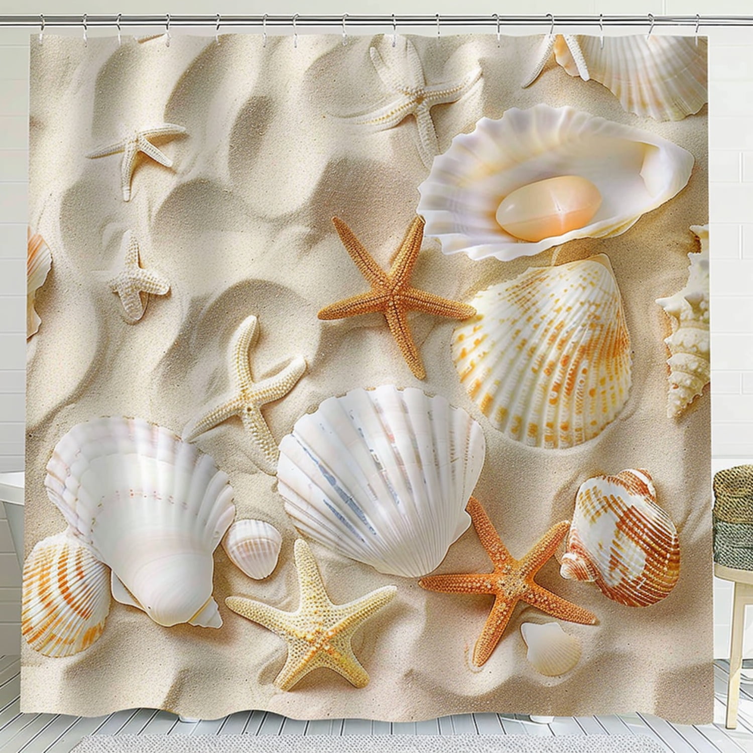 Hyper-realistic 3D sea shells and starfish on sand bathroom curtain ...