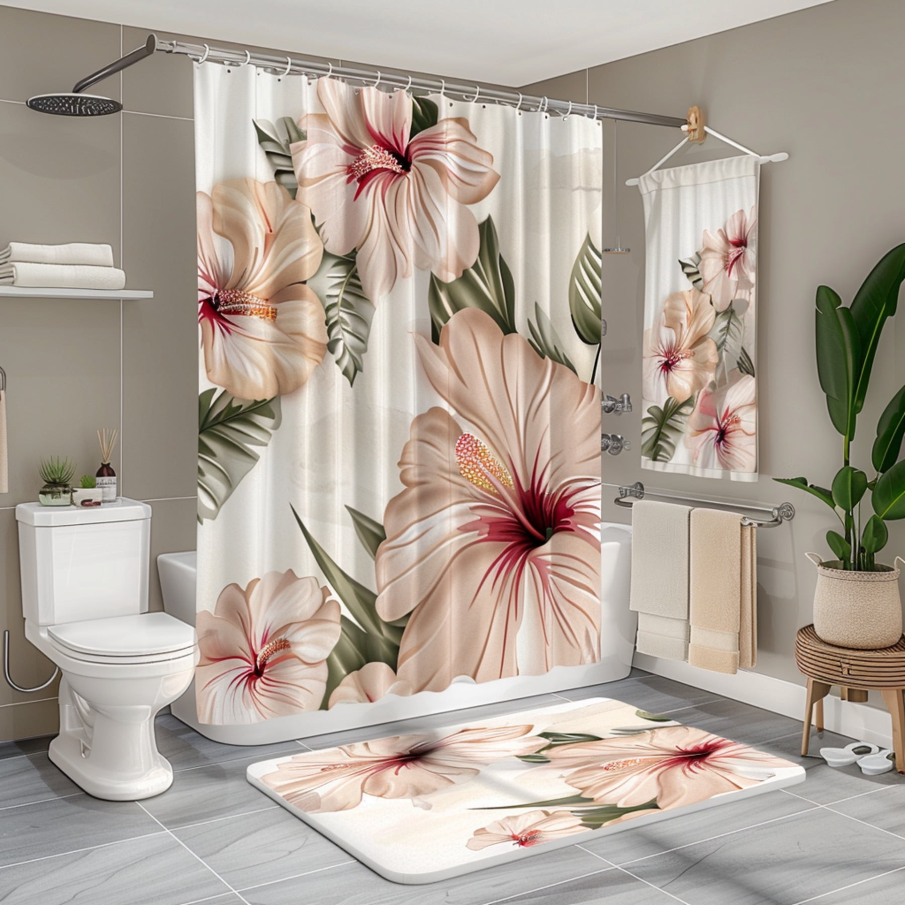 Hyper realistic bathroom decor with beige white pink and brown theme ...