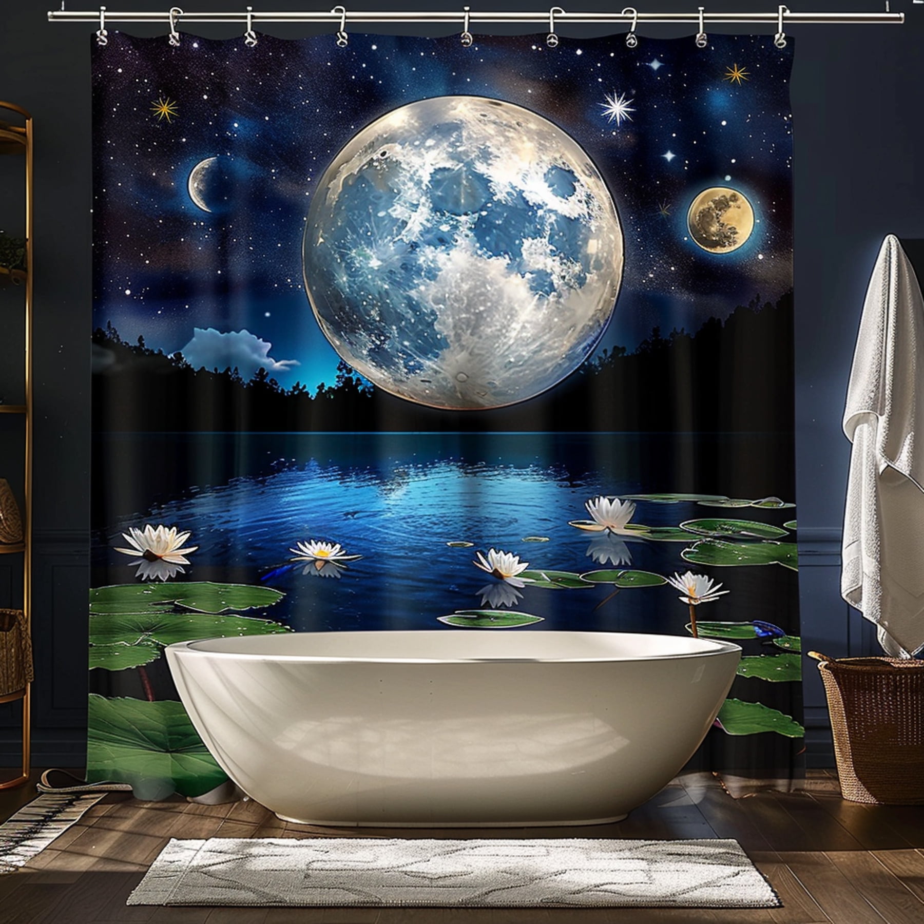 Hyper realistic full moon and water lilies bathroom decor with a lotus ...