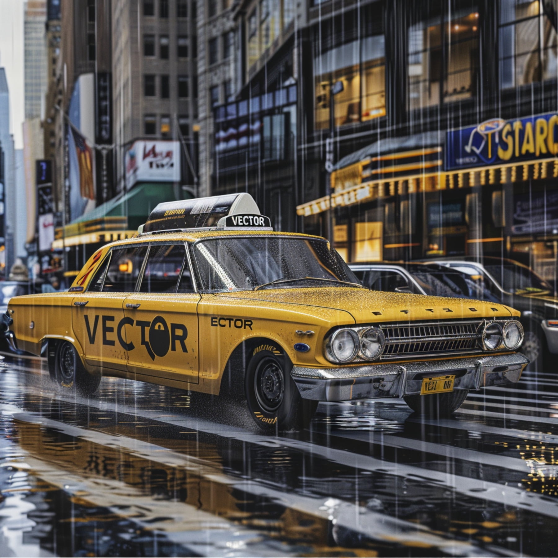 Hyper realistic photo of vintage yellow Ford VECTOR car in NYC rain ...
