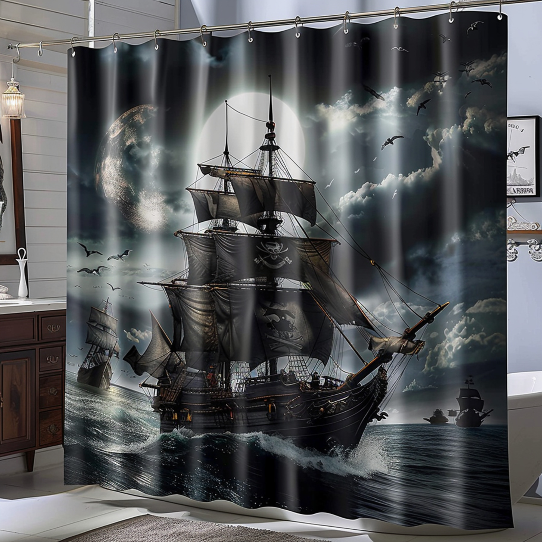 Hyper realistic shower curtain featuring a haunted pirate ship in a ...