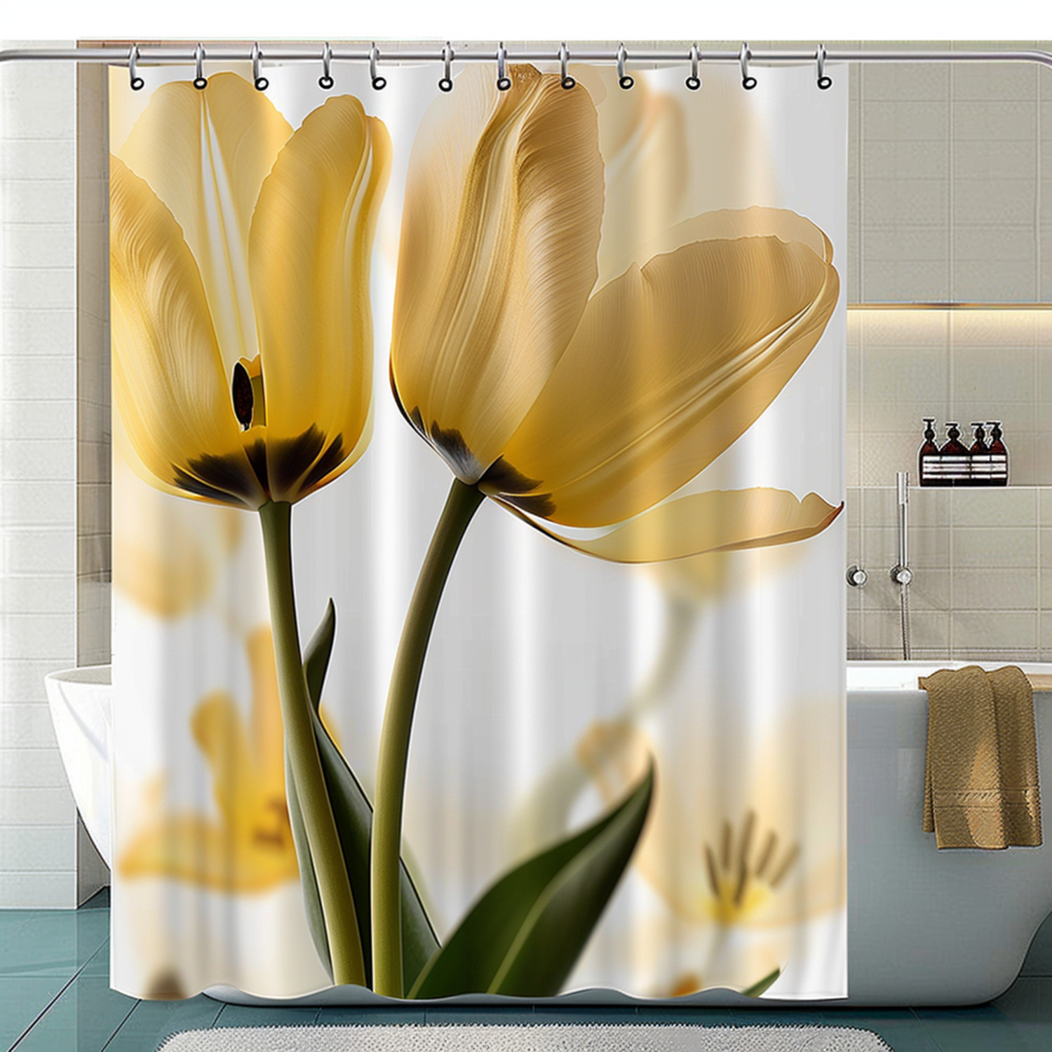 Hyper-realistic tulip design shower curtain in yellow and beige on ...
