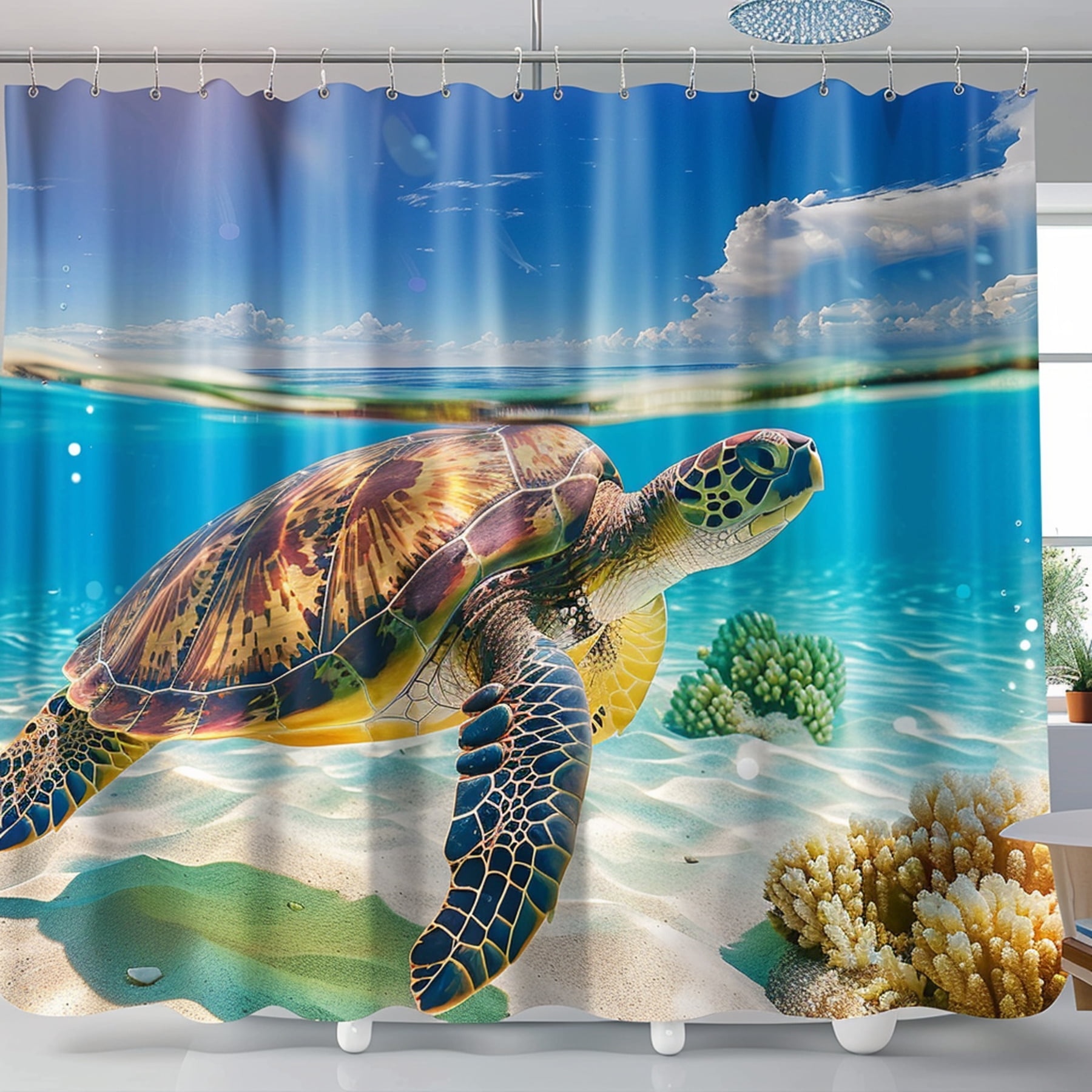 Hyper realistic turtle swimming in ocean on sandy beach background ...