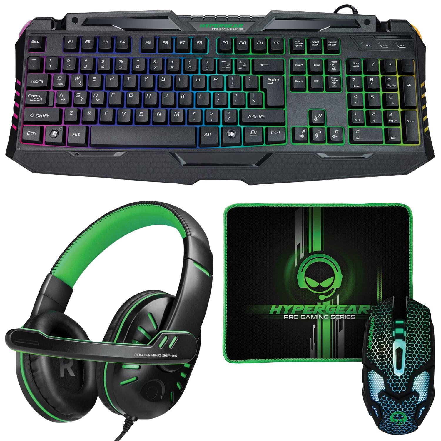 HyperGear 4-in-1 Gaming Kit, Includes Full-Sized RGB Backlit Keyboard ...
