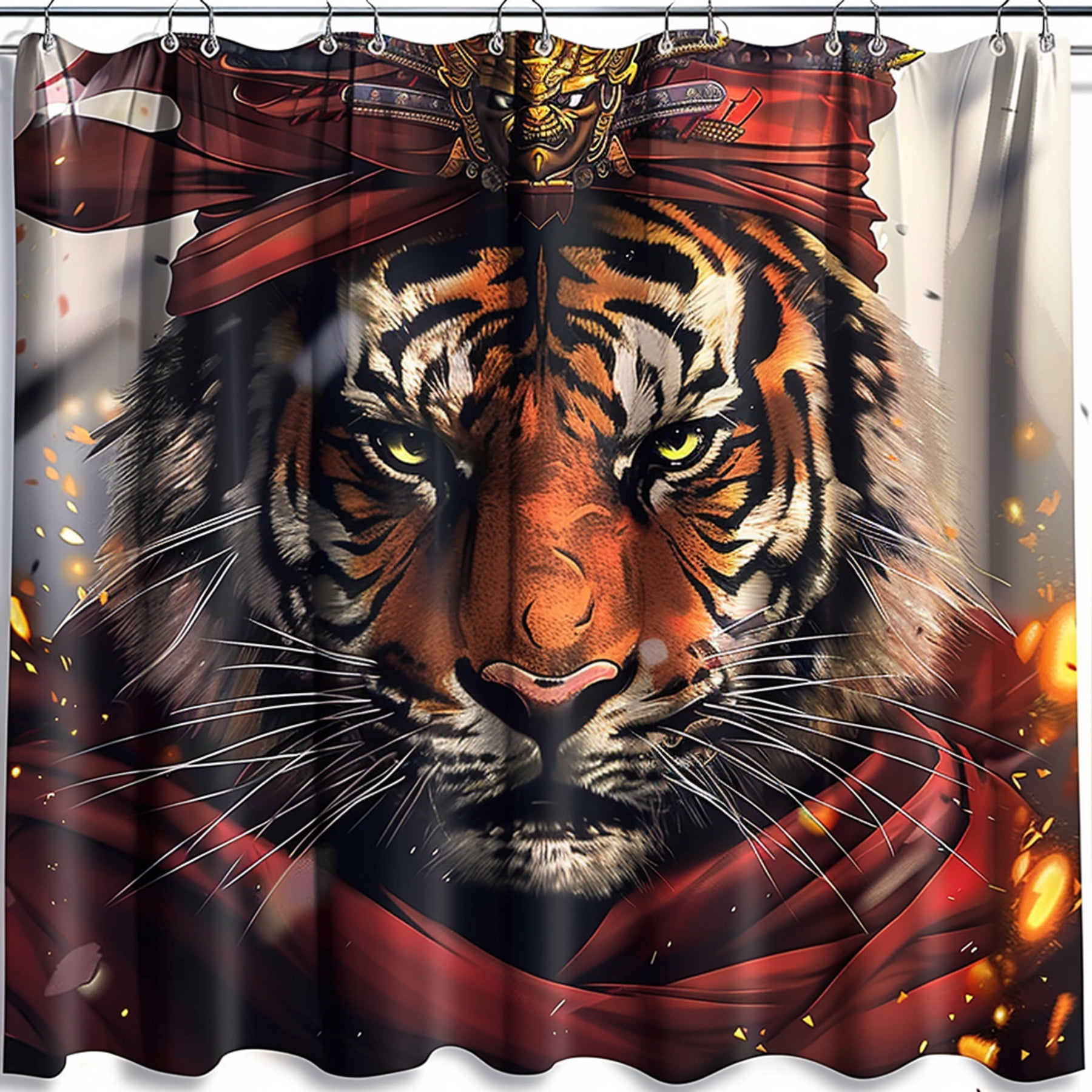 HyperRealistic Cyberpunk Tiger Samurai Shower Curtain Fierce Red ...