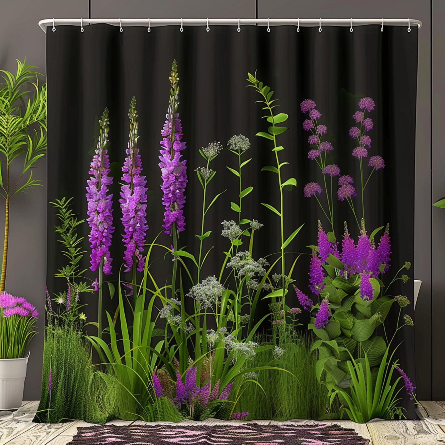 Hyperdetailed Floral Landscape Shower Curtain Black Background with ...