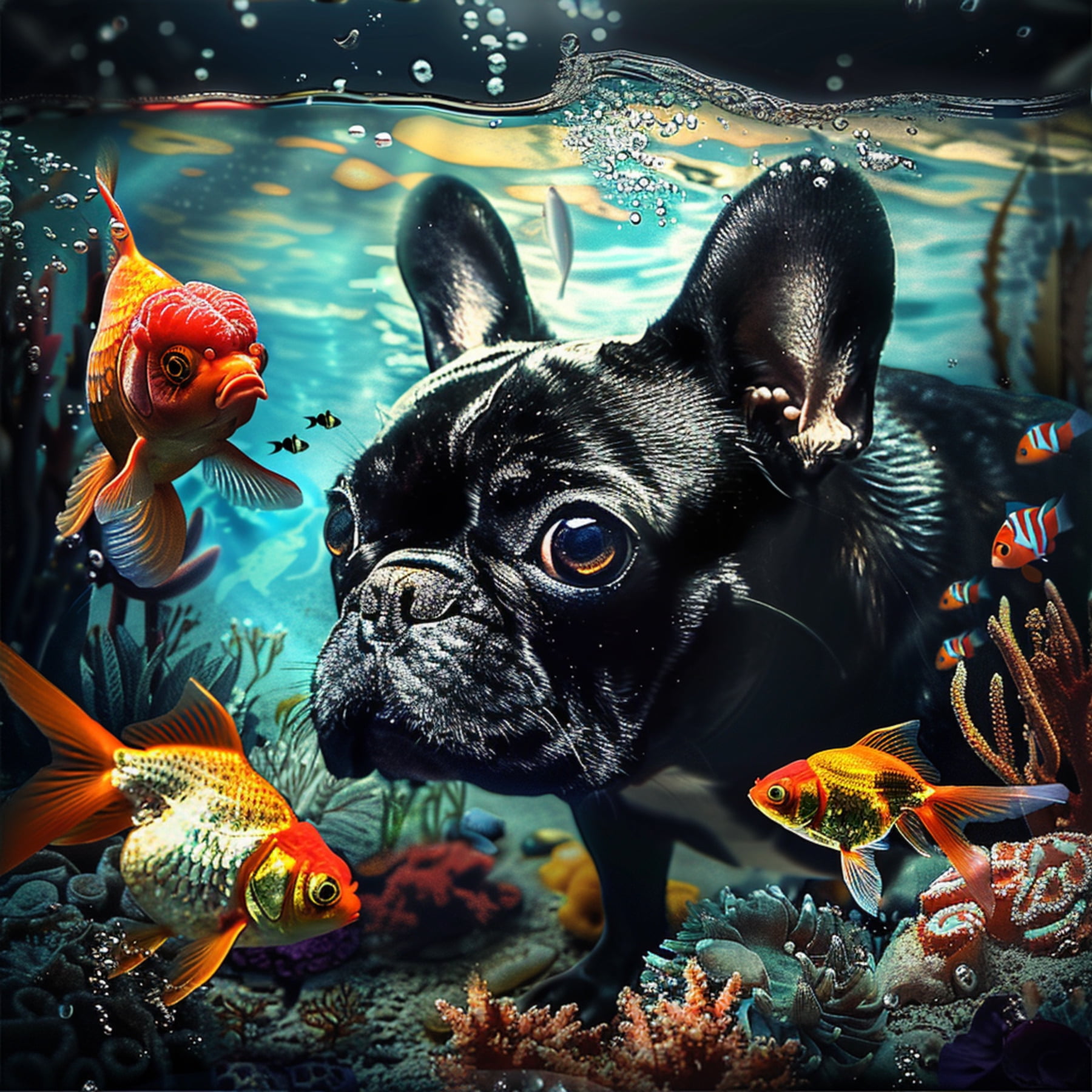 Hyperrealistic Black French & Goldfish in Aquarium Dramatic Lighting ...