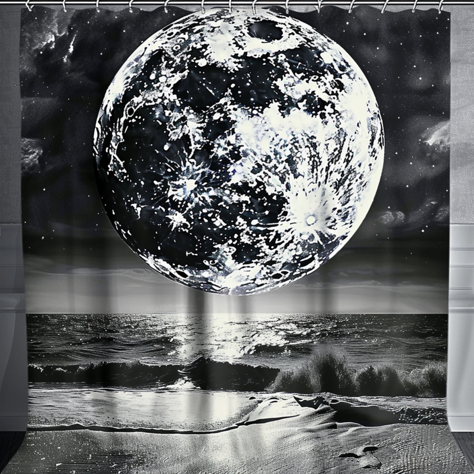 Hyperrealistic Black and White Moon Design Shower Curtain Bring a touch ...