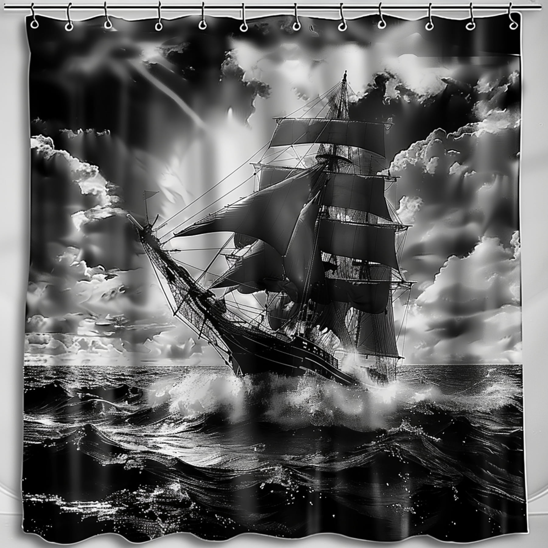 Hyperrealistic Black And White Sailing Ship Storm Shower Curtain