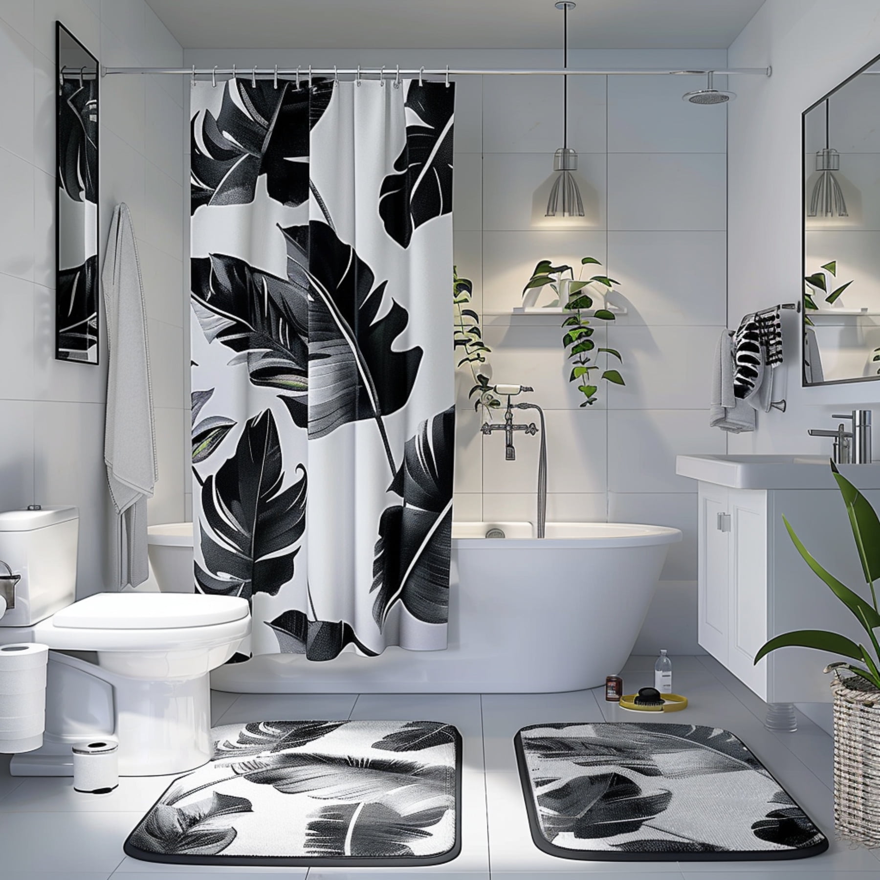 Hyperrealistic Brigid White Bathroom with Black Banana Leaves & Palm ...