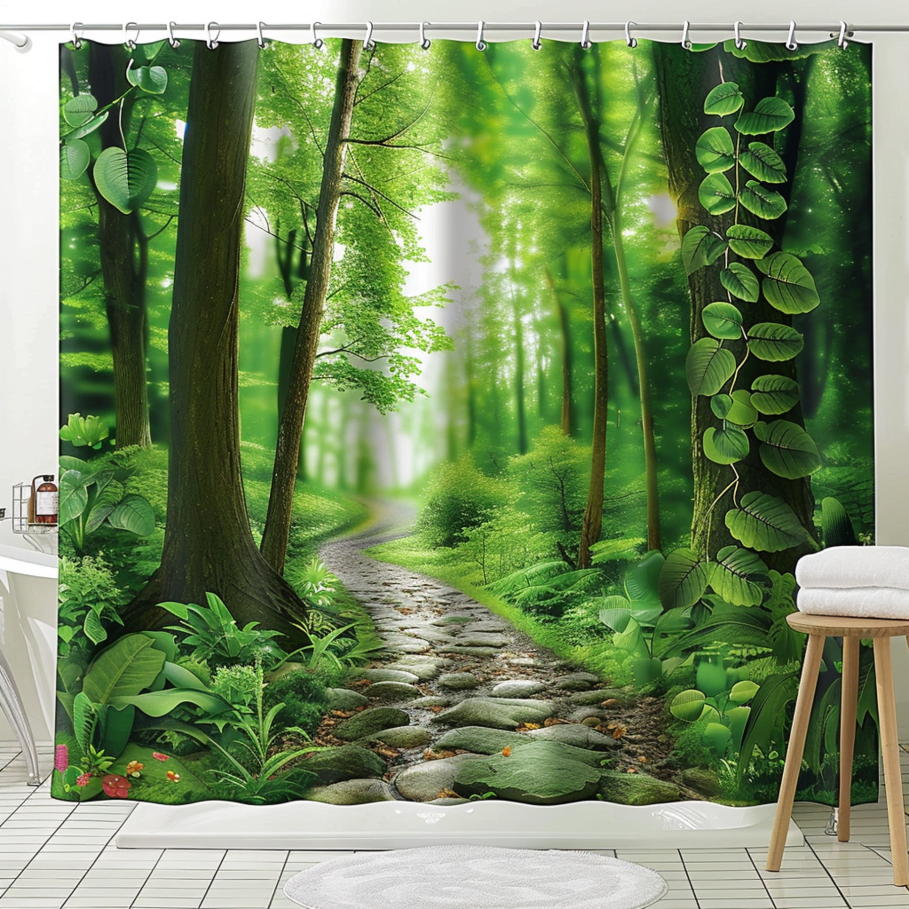 Hyperrealistic Cartoon Forest Path Shower Curtain Set Green Trees And