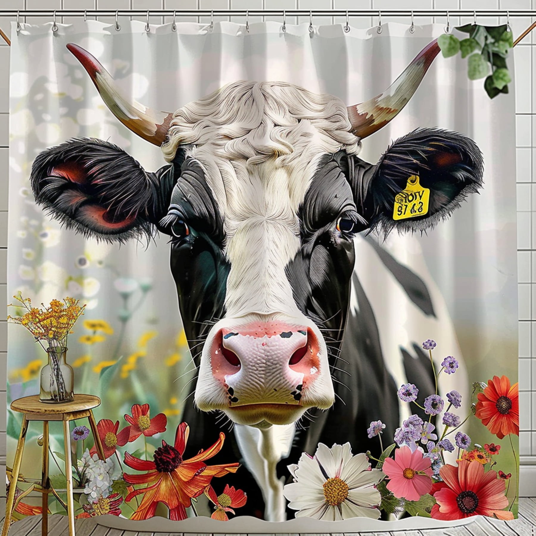 Hyperrealistic Cute Cow and Flowers Shower Curtain Bring a touch of ...