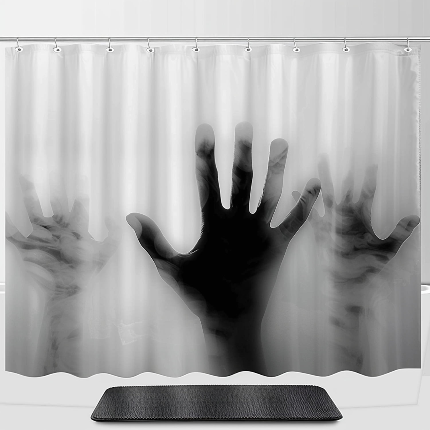 Hyperrealistic Ghost Hand Bathroom Curtain Set Minimalistic Black and ...