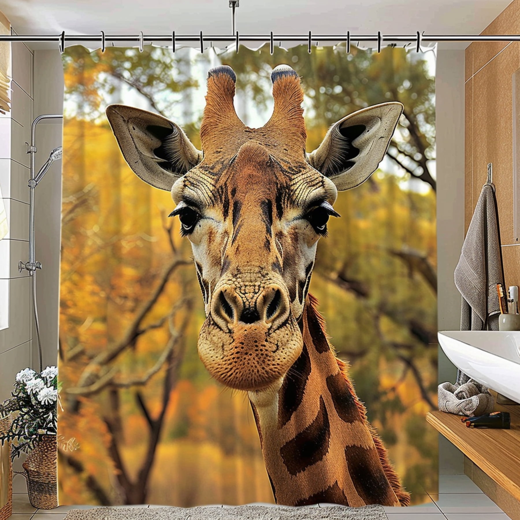 Hyperrealistic Giraffe Portrait Shower Curtain With Brown Fabric