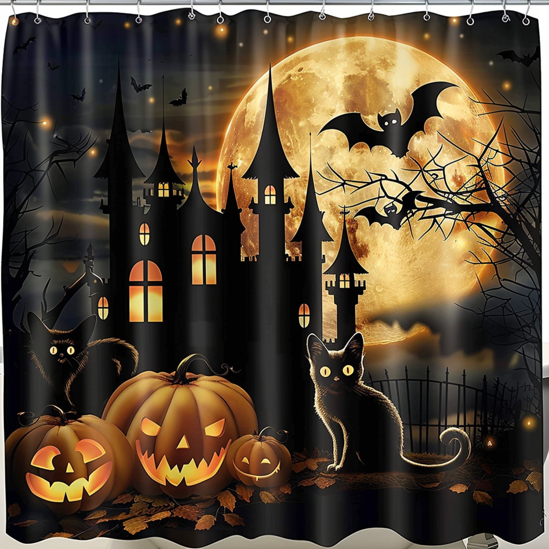 Hyperrealistic Halloween Scene With Pumpkins Black Cats And Castle On A