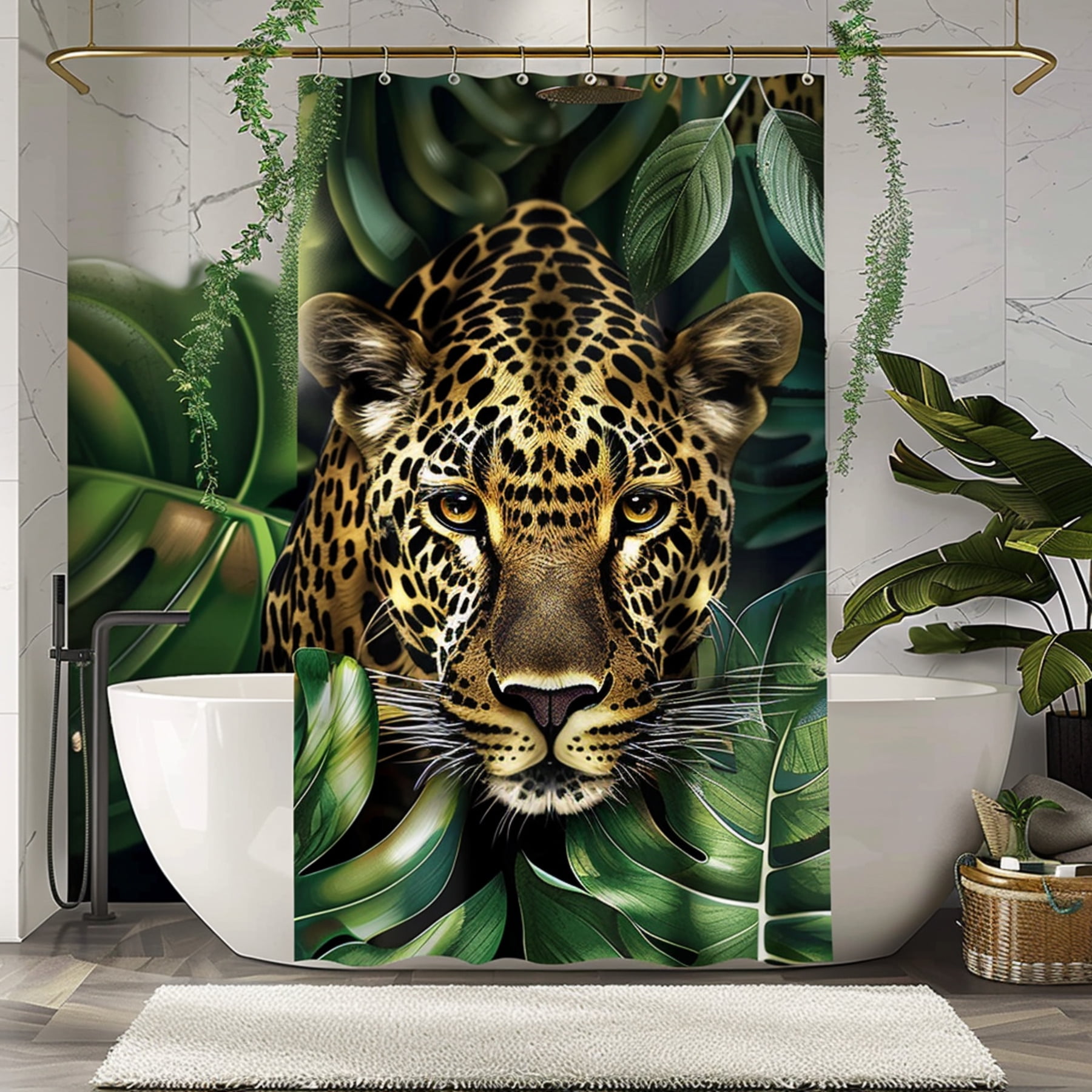 Hyperrealistic Leopard Jungle Bathroom Decor Set With Green Leaves