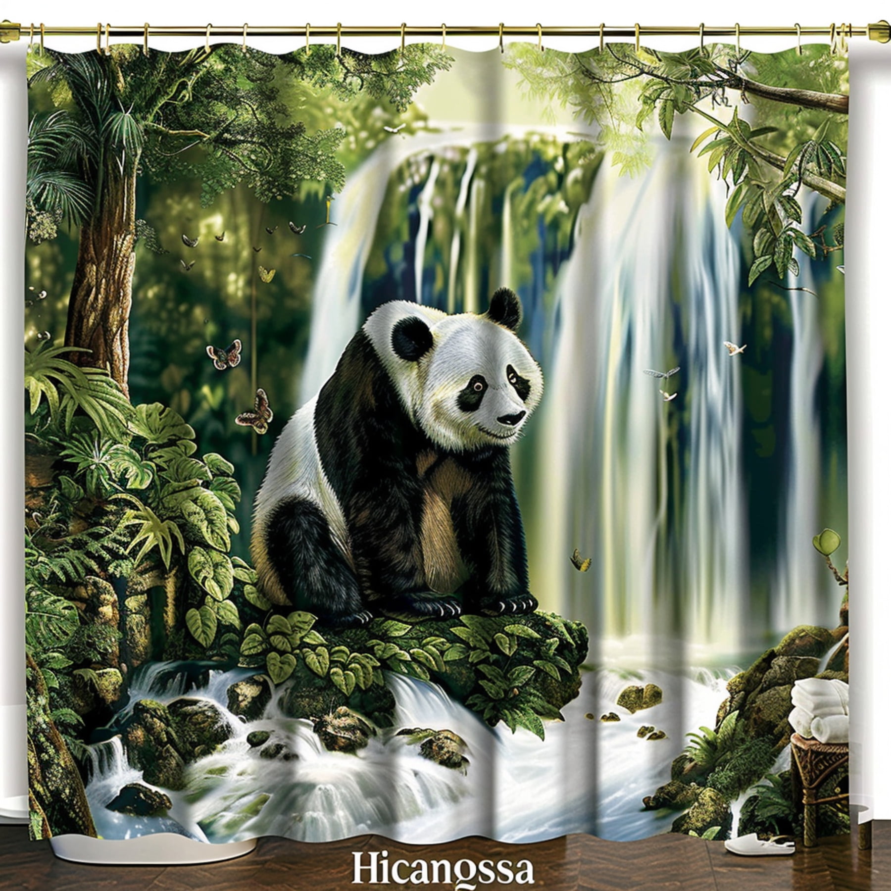 Hyperrealistic Panda Bear Jungle Waterfall Curtain with Trees Detailed ...