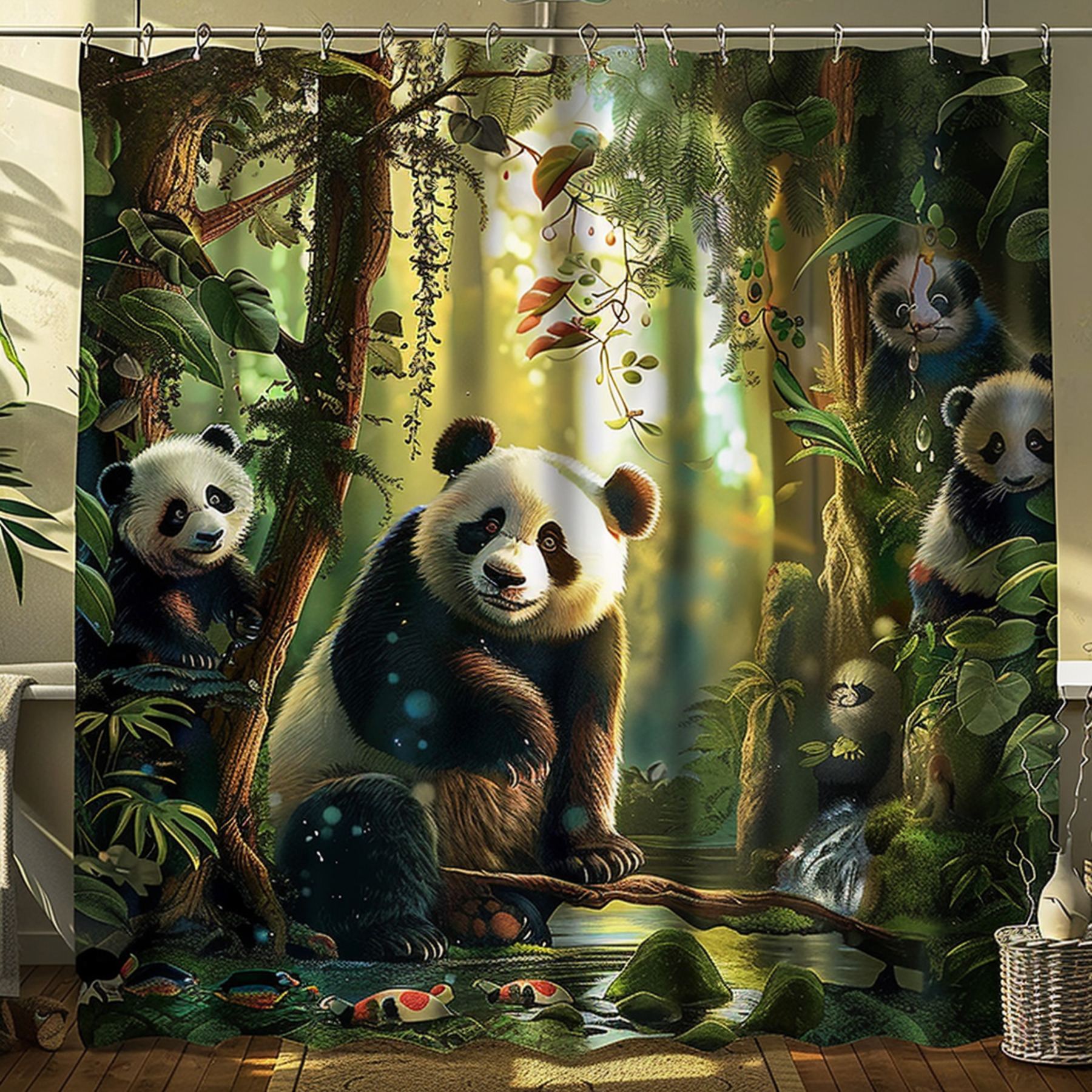 Hyperrealistic Panda Family in Forest Shower Curtain with Magical Light ...