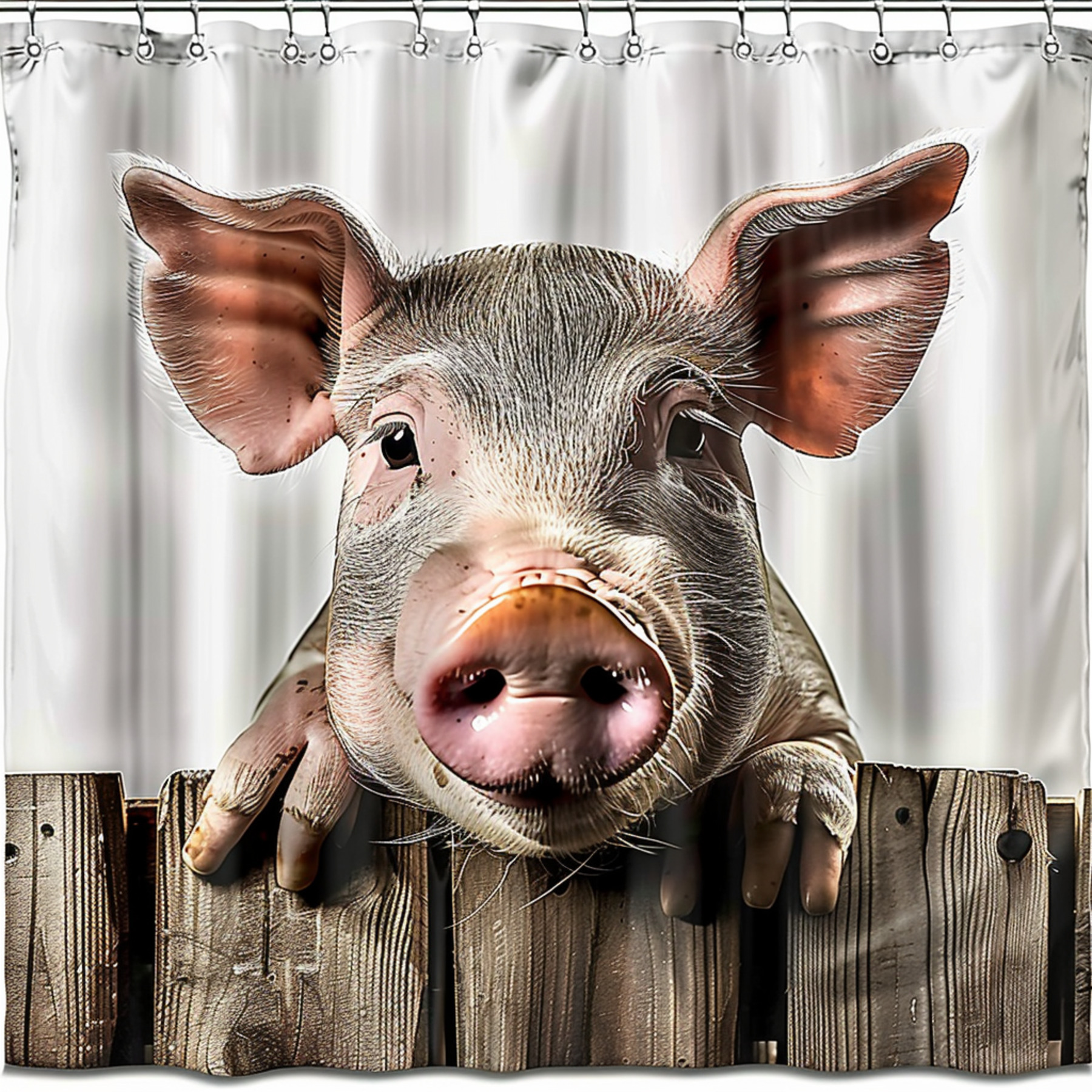 Hyperrealistic Pig Design Shower Curtain with Wooden Texture Mockup for ...