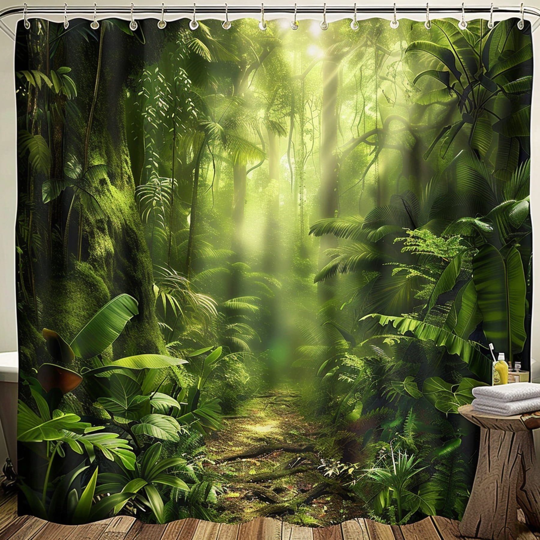 Hyperrealistic Rainforest Jungle Shower Curtain Green Foliage Nature