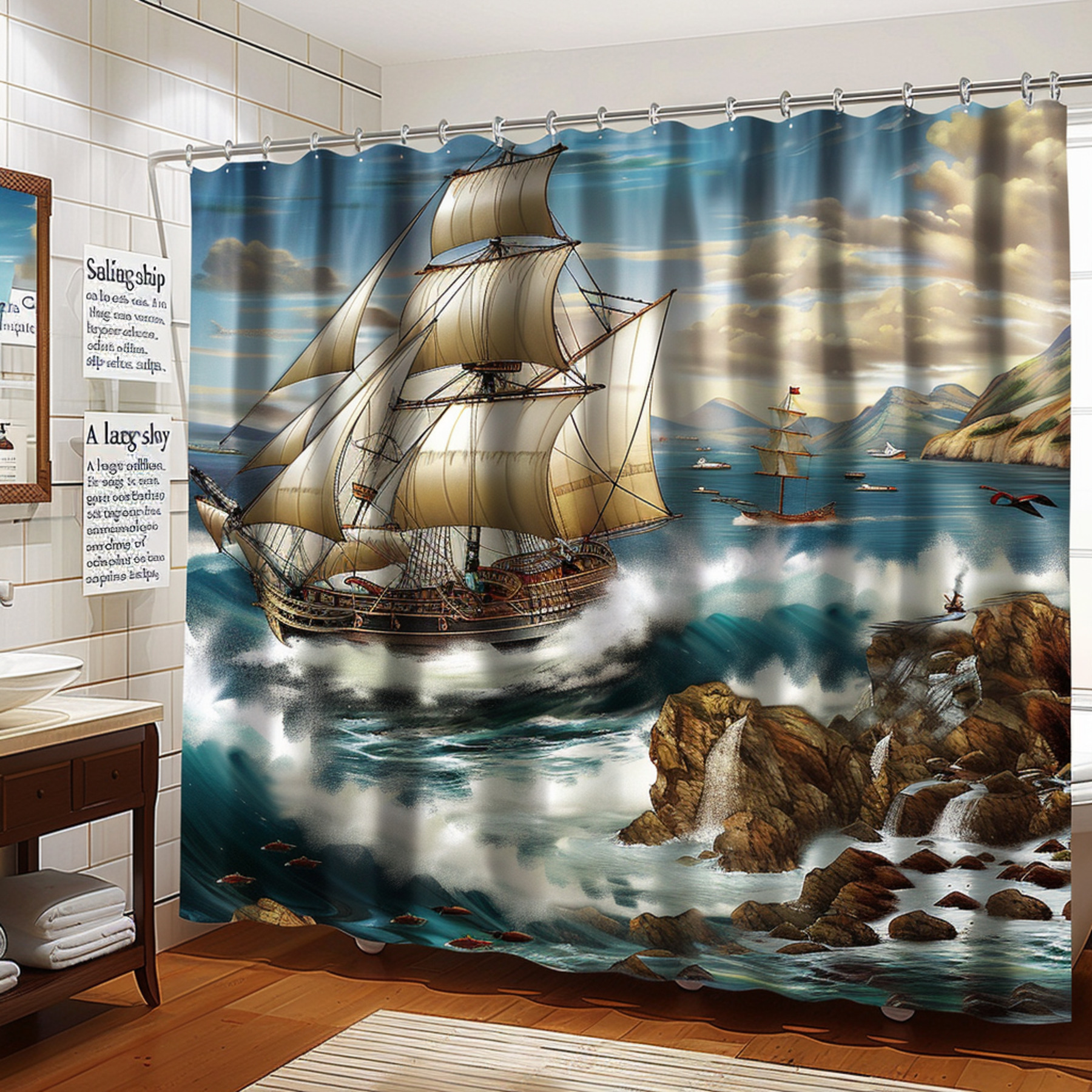 Hyperrealistic Ship Sailing Shower Curtain With Ocean Waves And Modern