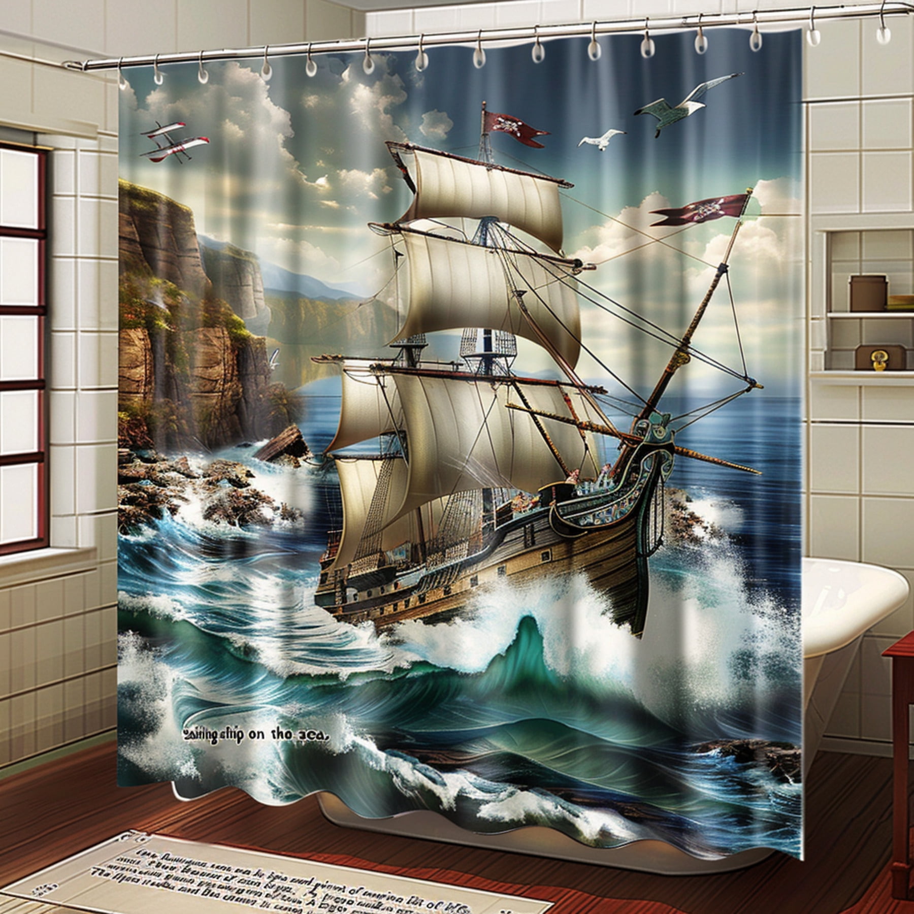 Hyperrealistic Ship Sailing On High Seas Shower Curtain With Ocean