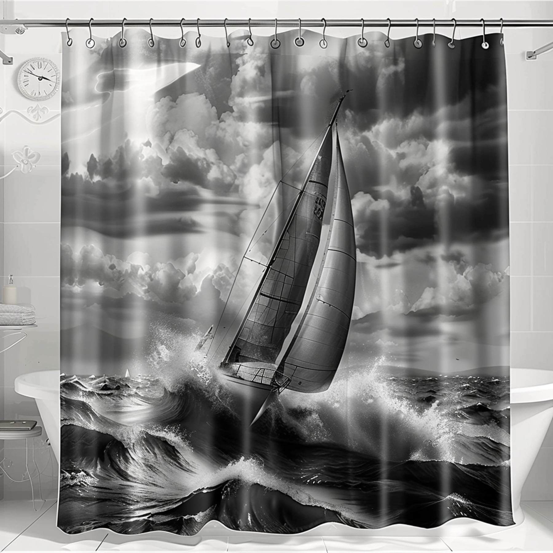 Hyperrealistic Stormy Sea Sailing Boat Shower Curtain High Quality
