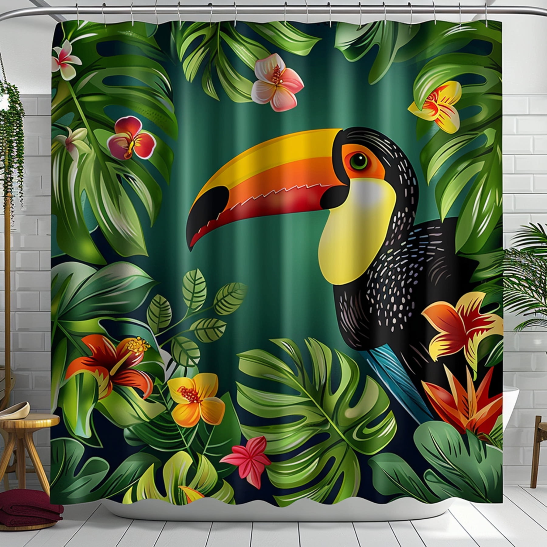 Hyperrealistic Toucan Paradise Shower Curtain Exotic Jungle Foliage