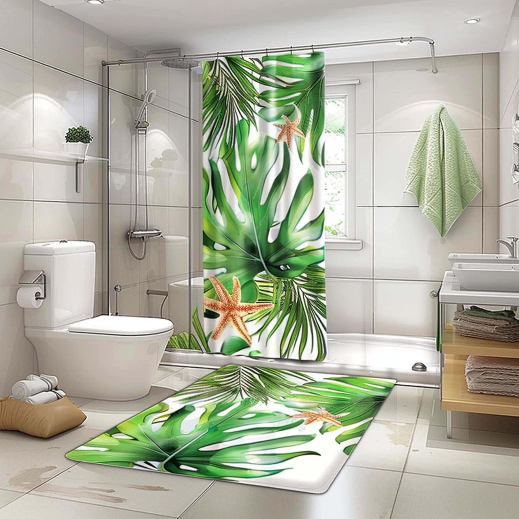 Hyperrealistic Tropical Rainforest Bathroom Set With Green Palm Leaves