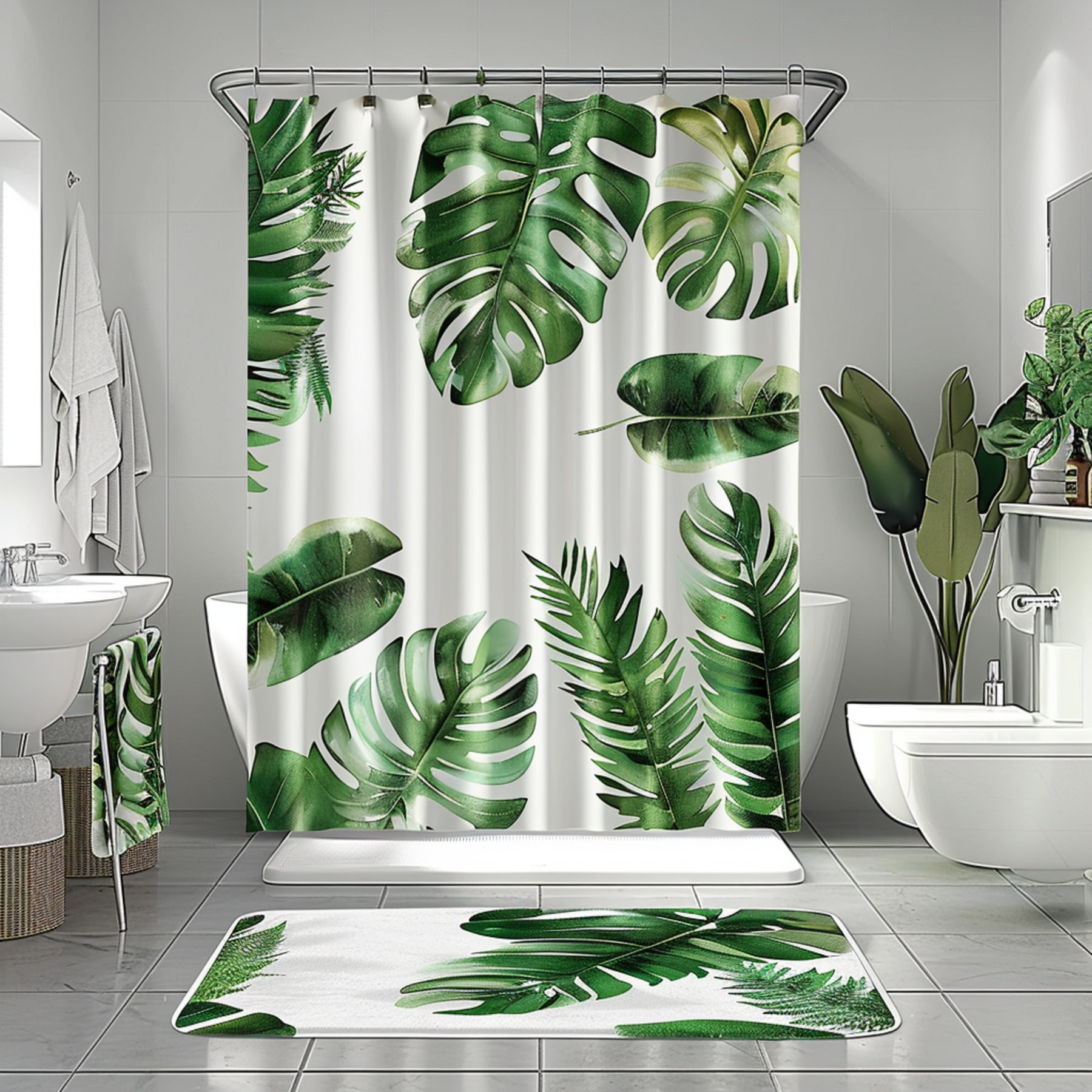 Hyperrealistic Tropical Rainforest Bathroom Set With White Green Leaves