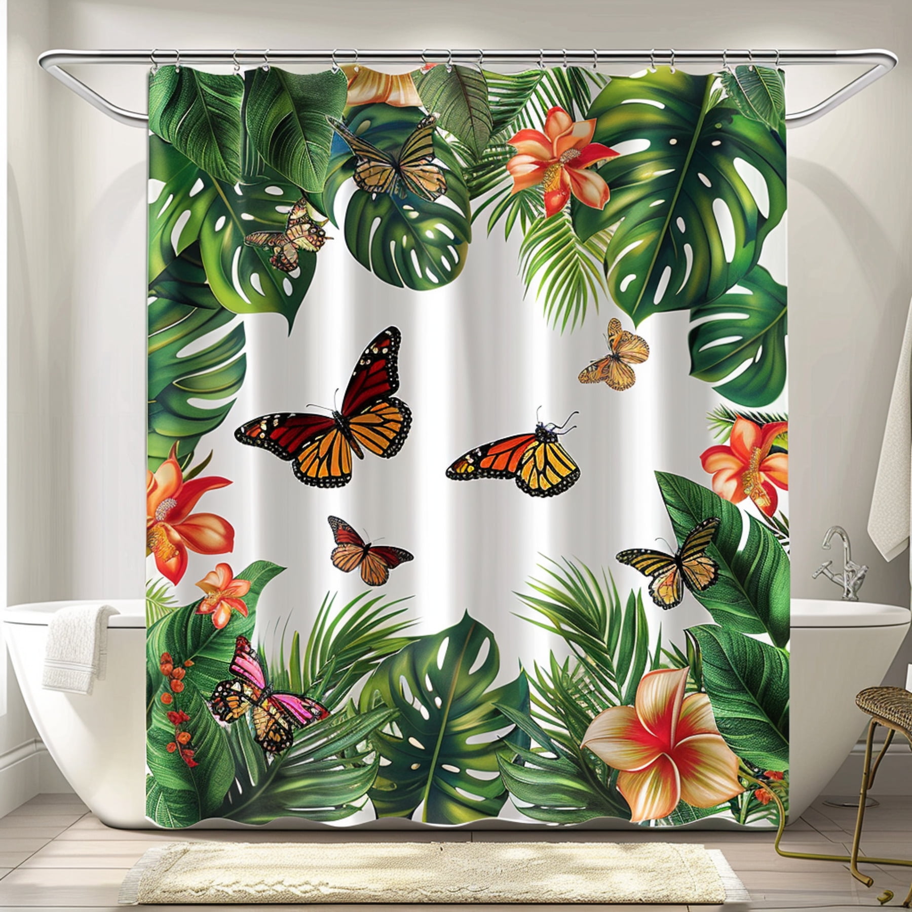 Hyperrealistic Tropical Rainforest Bathroom Shower Curtain With Monarch