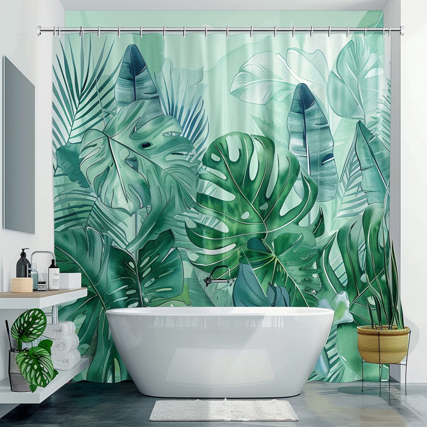 Hyperrealistic Tropical Rainforest Shower Curtain With Monstera Leaves