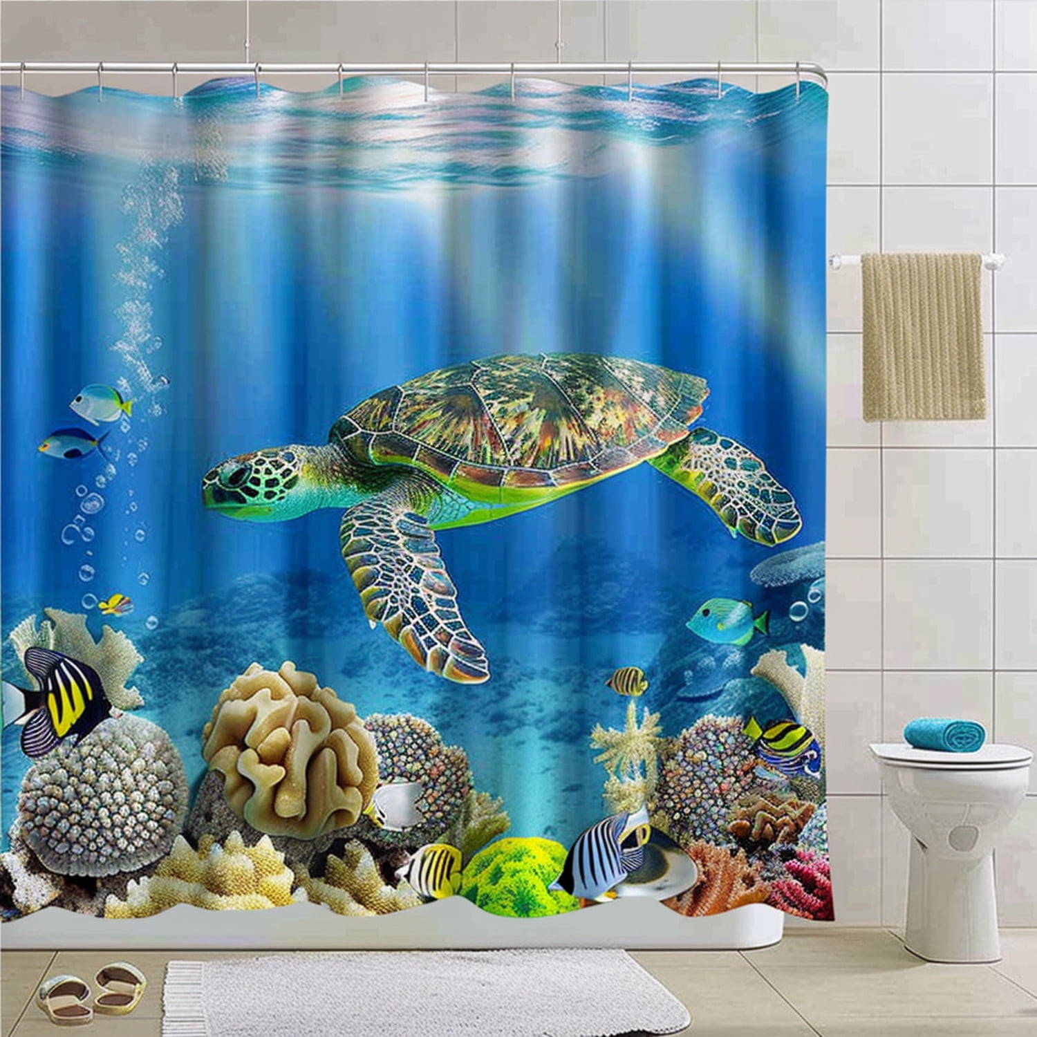 Hyperrealistic Turtle Swimming Shower Curtain Set Bright Blue Ocean ...