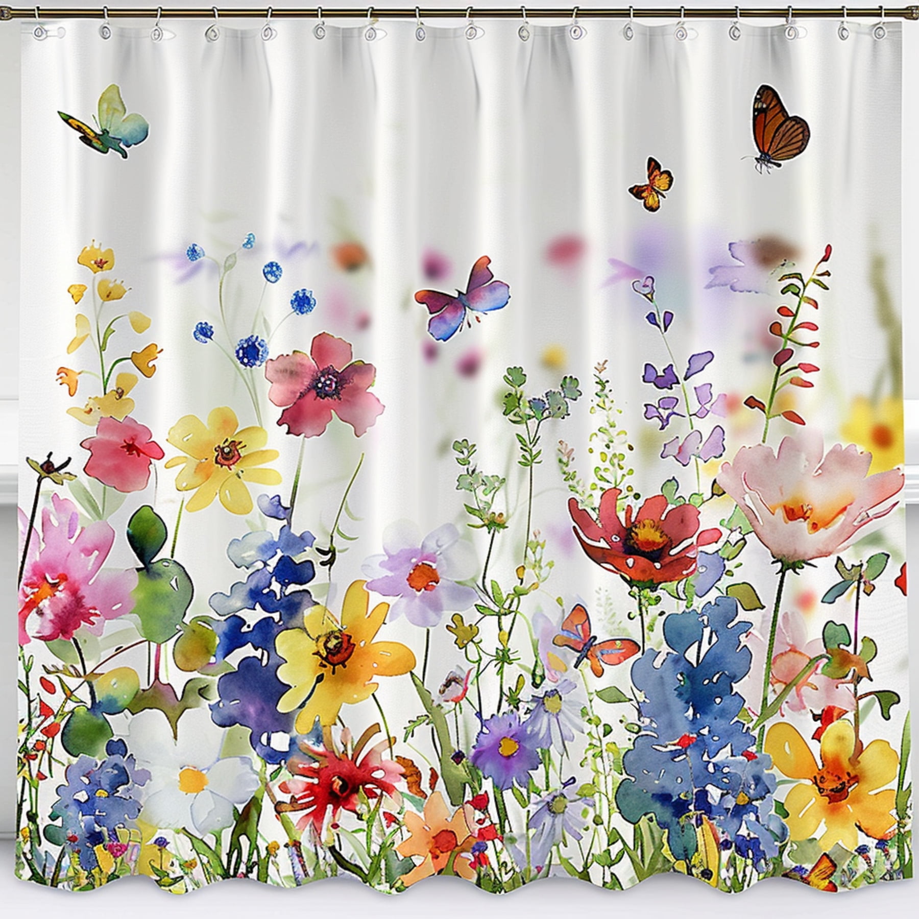 Hyperrealistic Watercolor Flowers & Butterflies Shower Curtain Vibrant Wildflowers Detail White ...