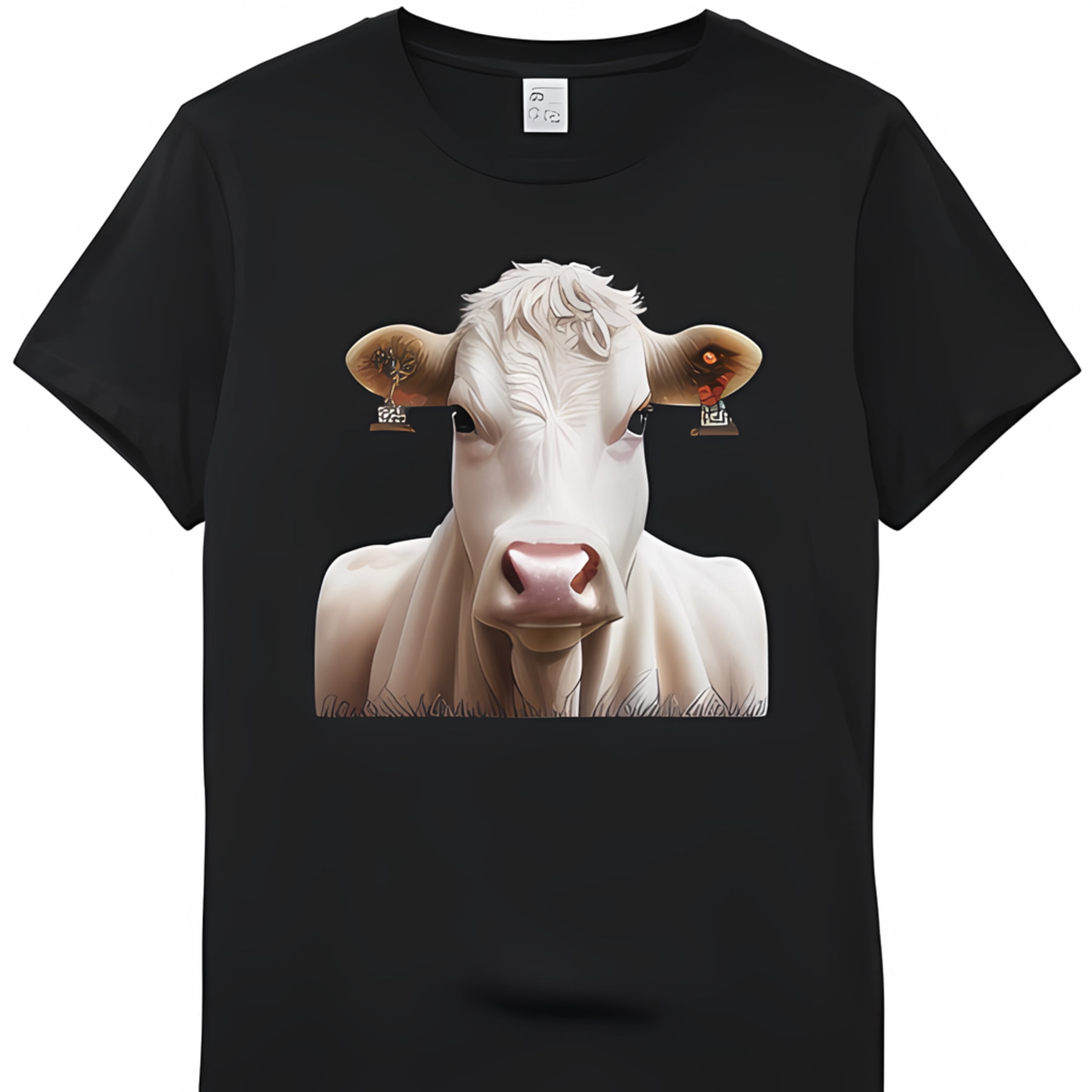 Hyperrealistic WhiteCow with Horns Print Black T-Shirt Mockup Clear ...