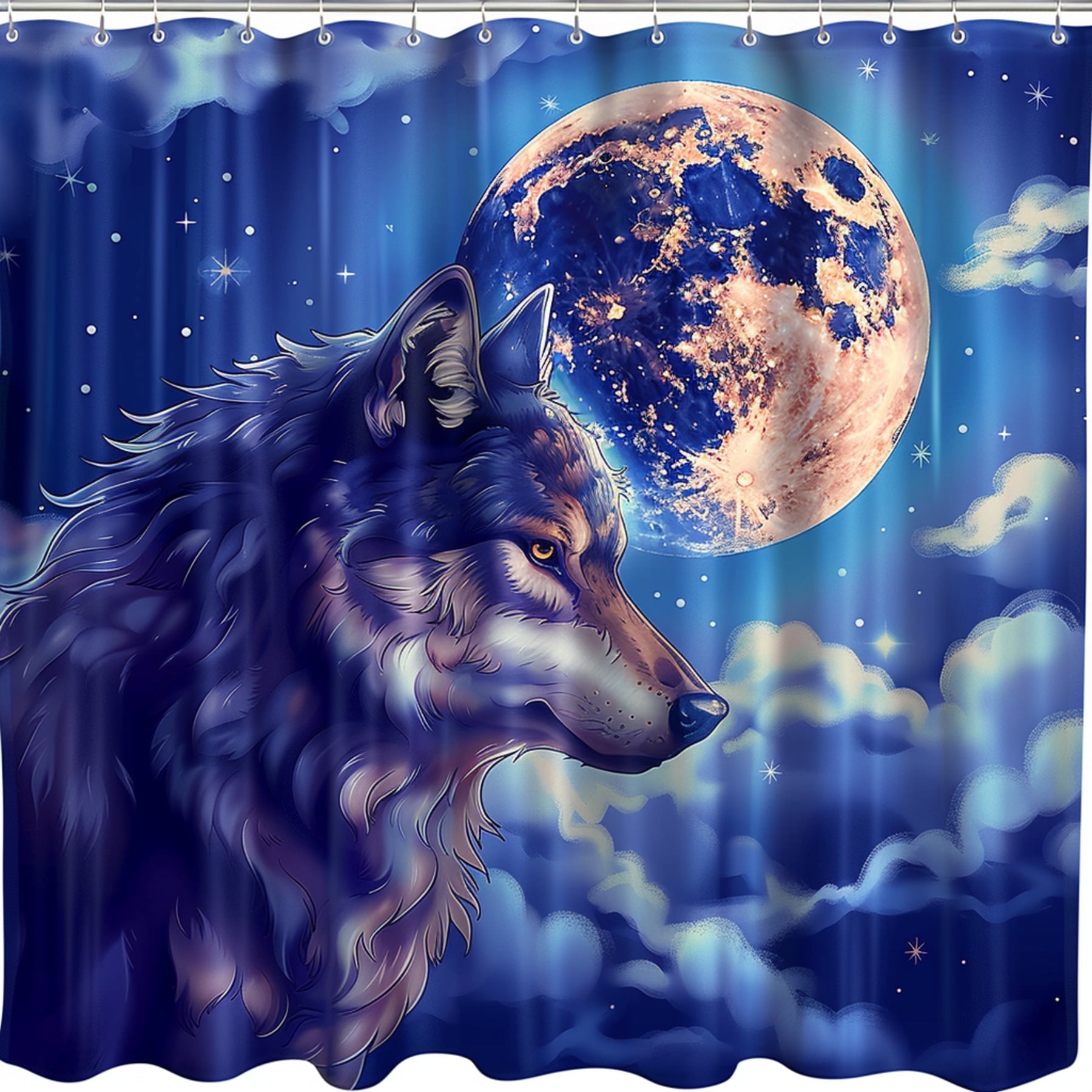 Hyperrealistic Wolf in Moonlight Cartoon Shower Curtain Night Sky Full ...