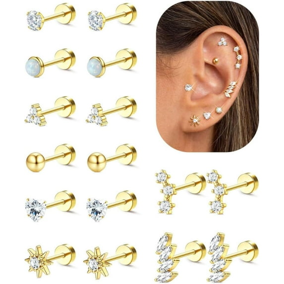 Hypoallergenic Flat Back Earrings 14K Gold Plated Cartilage Earring ...
