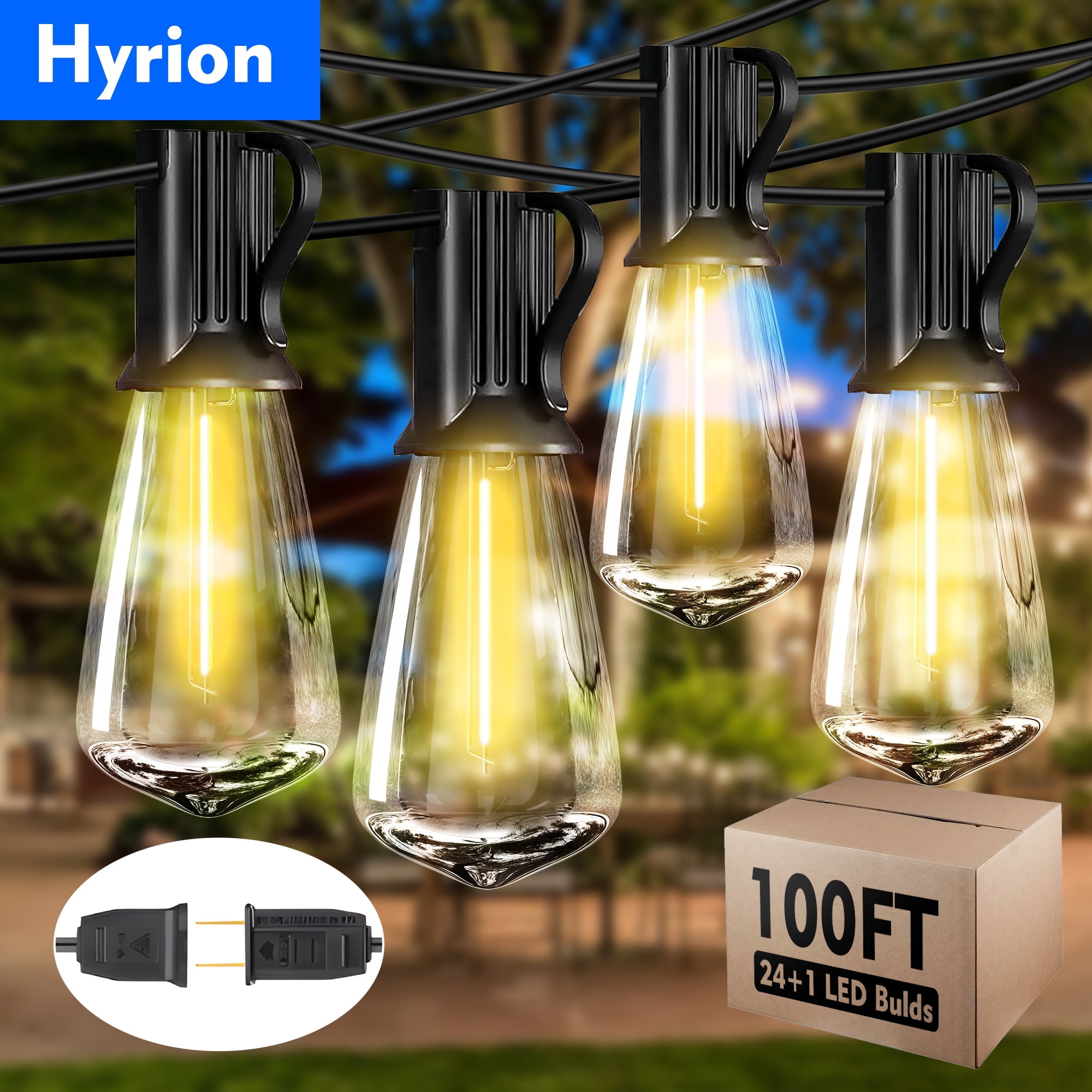 Hyrion Outdoor String Lights, 100ft ST38 String Lights with 24 Shatterproof Bulbs, Waterproof ...