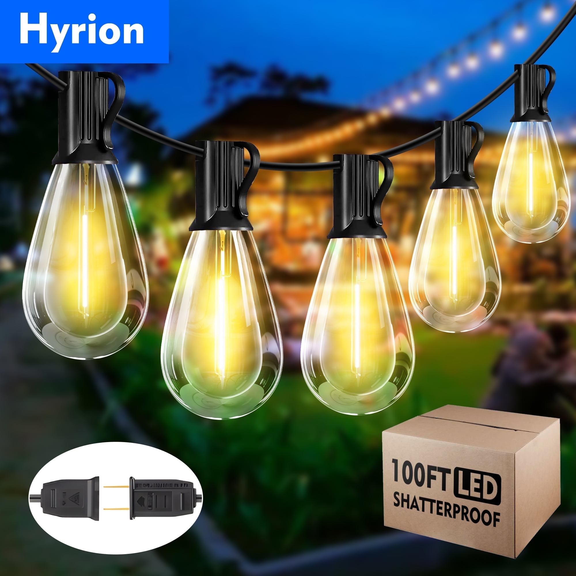 Hyrion Outdoor String Lights 100ft, with 24 Count S14 LED Waterproof ...