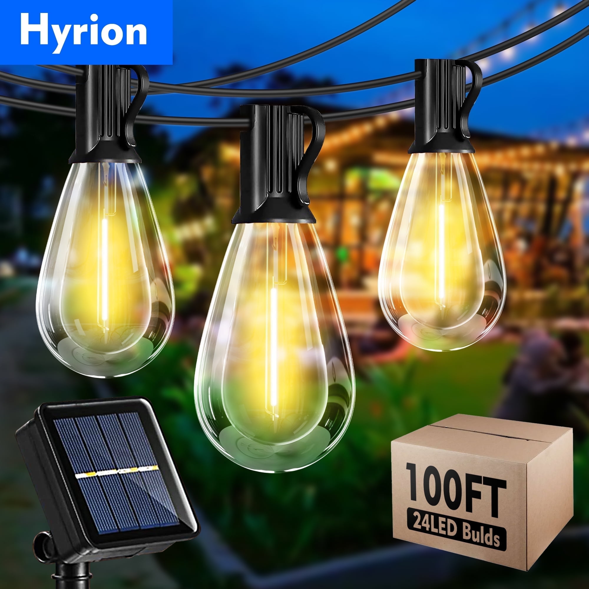 Hyrion Solar Outdoor String Lights, 100ft S14 LED with 24 Edison ...