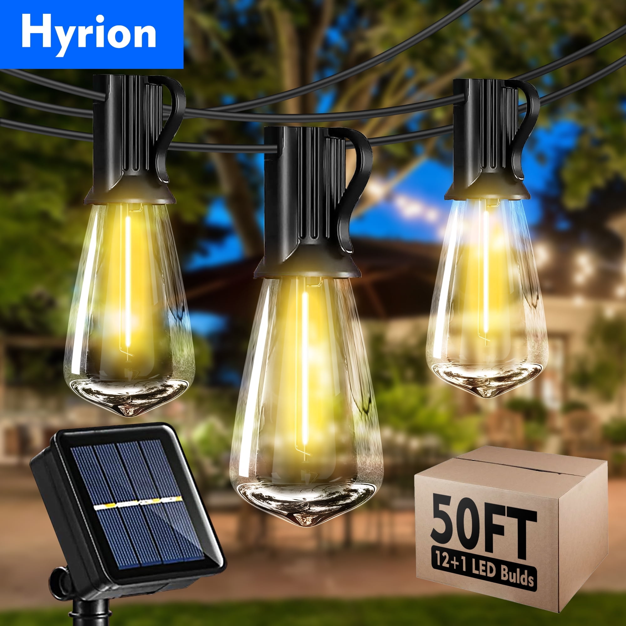 Hyrion Solar Outdoor String Lights, 50ft ST38 String Lights with 12 ...