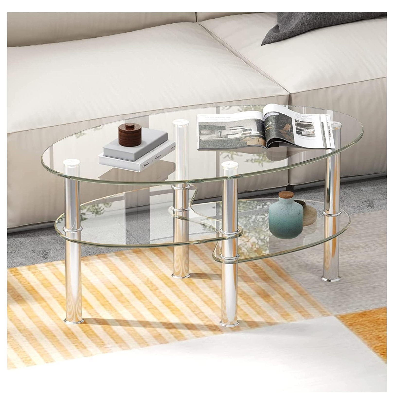 Hysache Glass Coffee Table, Oval 3-Tier Modern Smooth Tea Table w ...