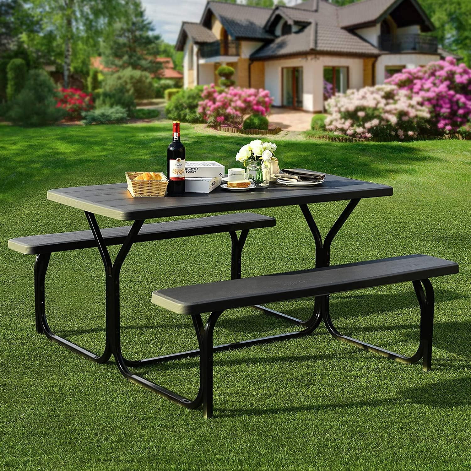Hysache Picnic Table Set, Patio All Weather Metal Base Camping Set w ...