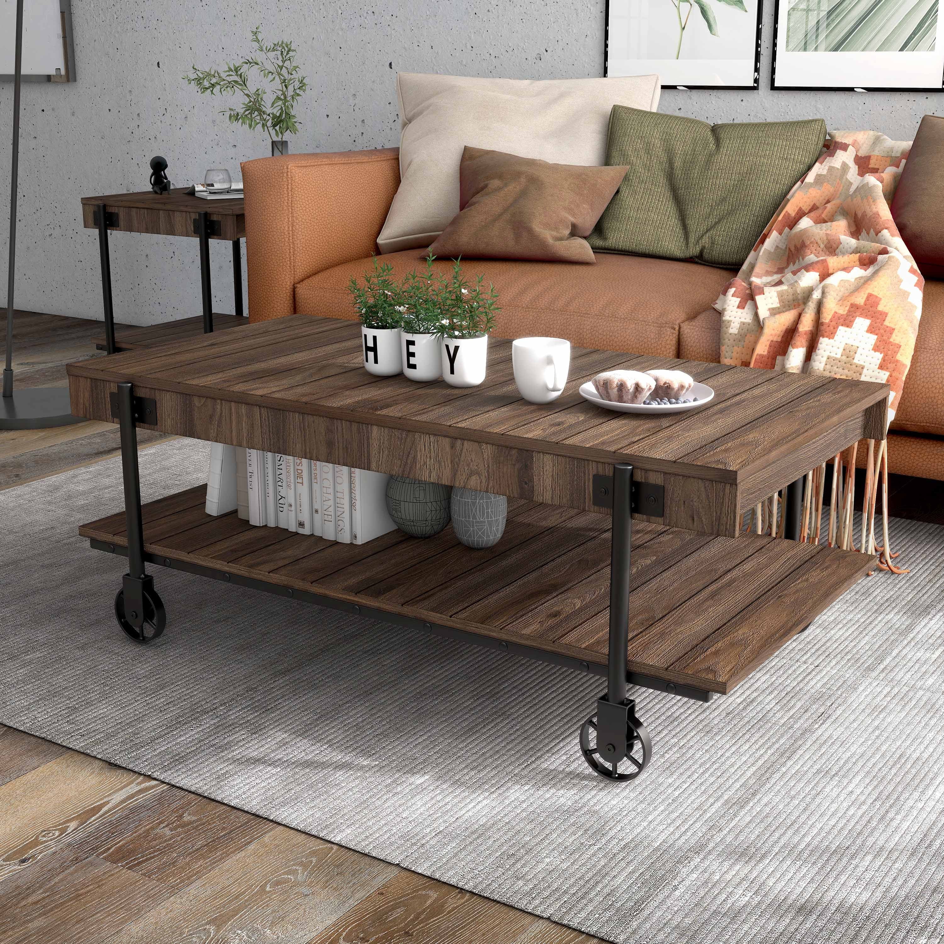 Hyssop 1-Shelf Wood Coffee Table with Wheels, Dark Walnut and Black ...