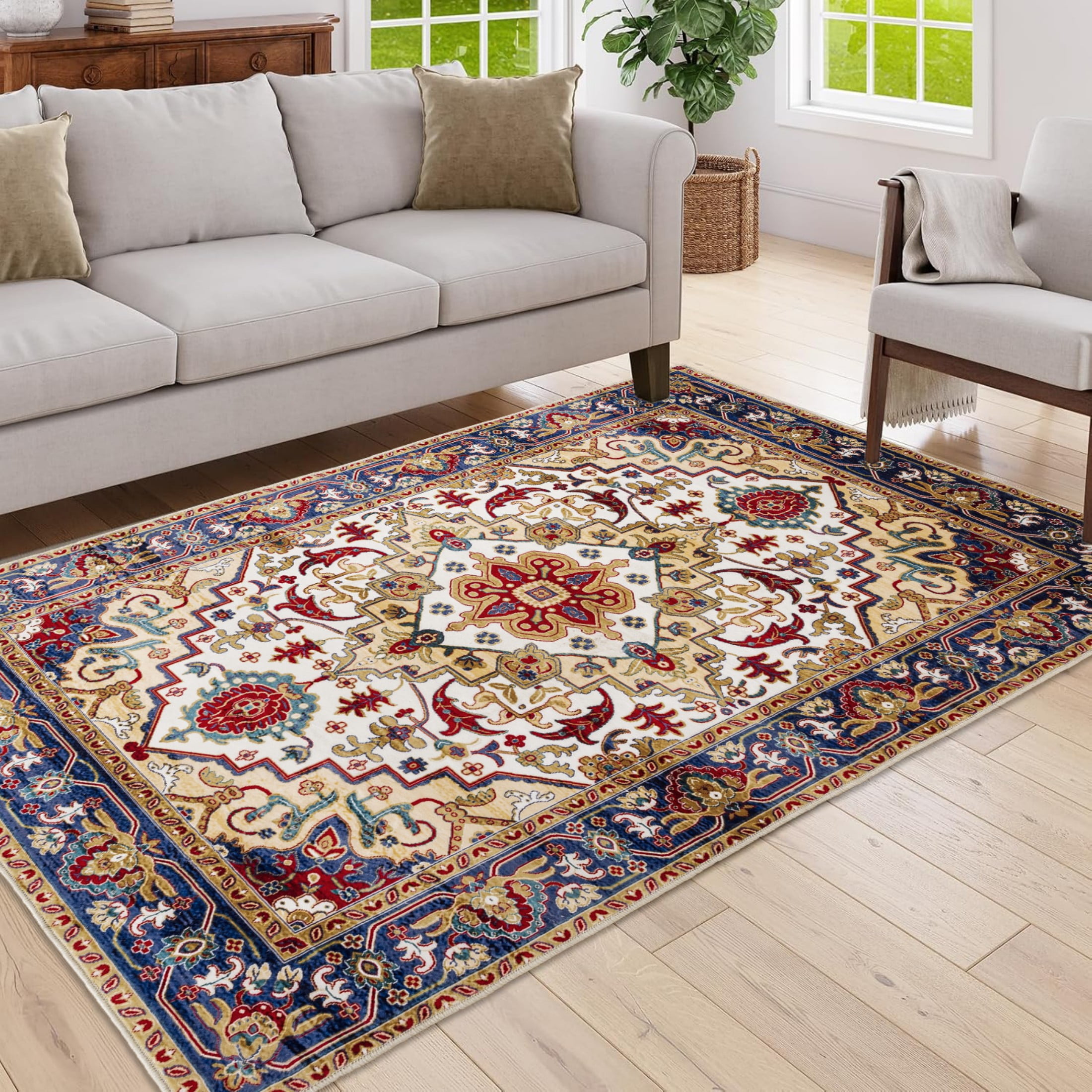 Hywell 5'x7' Vintage Bohemian Rug - Non-Slip Washable Carpet for Living ...