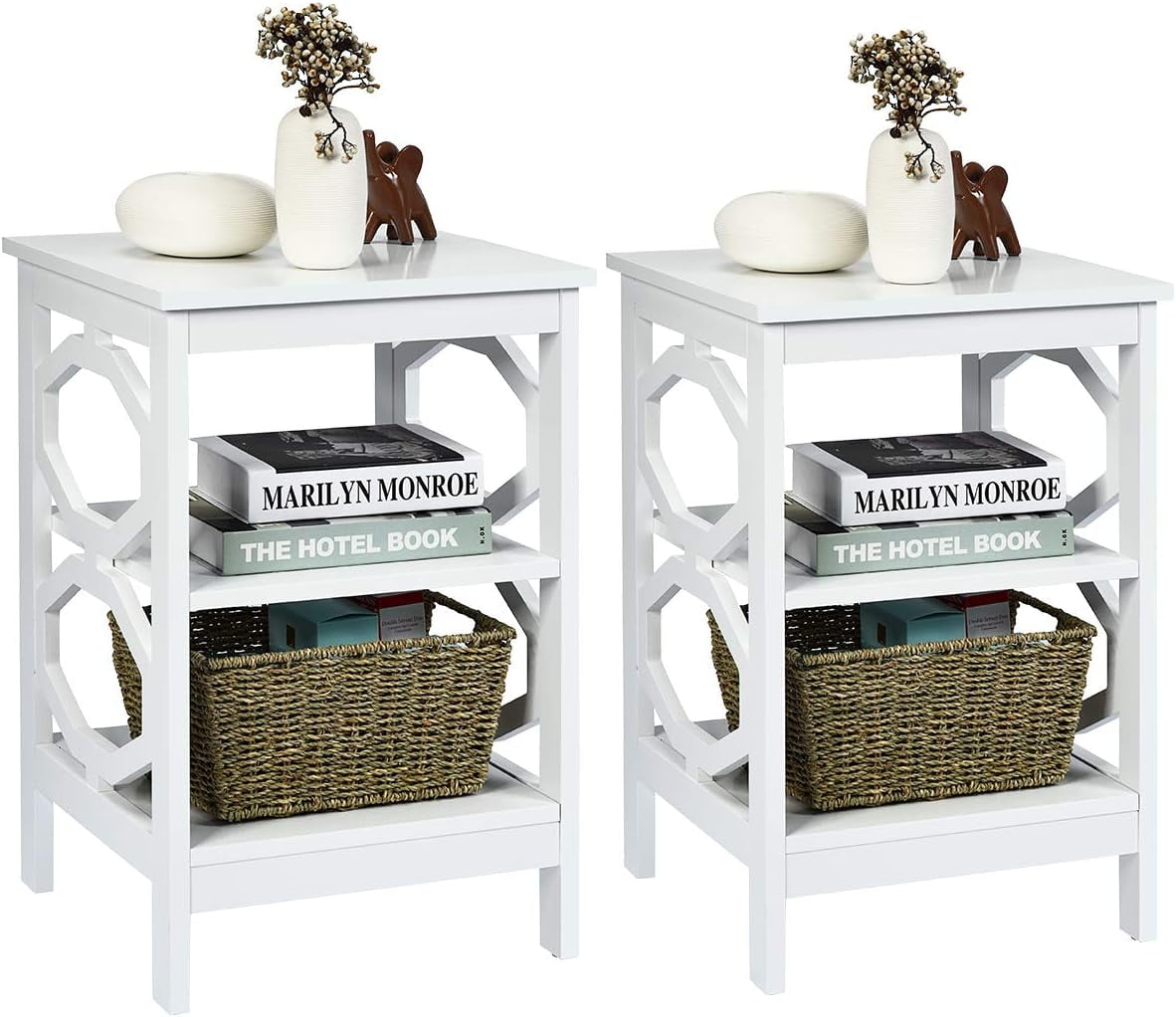 Hyxoo 3-Tier Nightstand Set of 2, Omega End Table with Storage Shelves ...