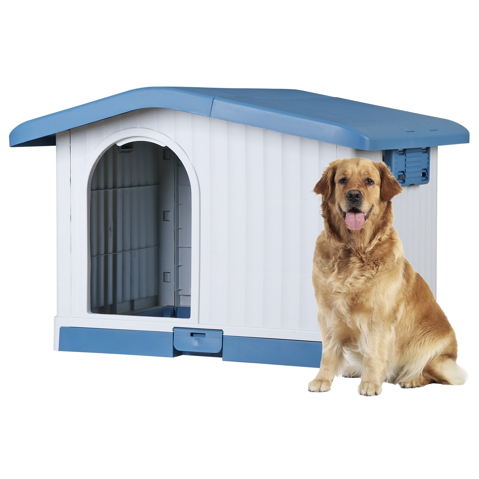 Hyxoo 35" Plastic Dog House Puppy Shelter Kennel w/ Liftable Roof ...