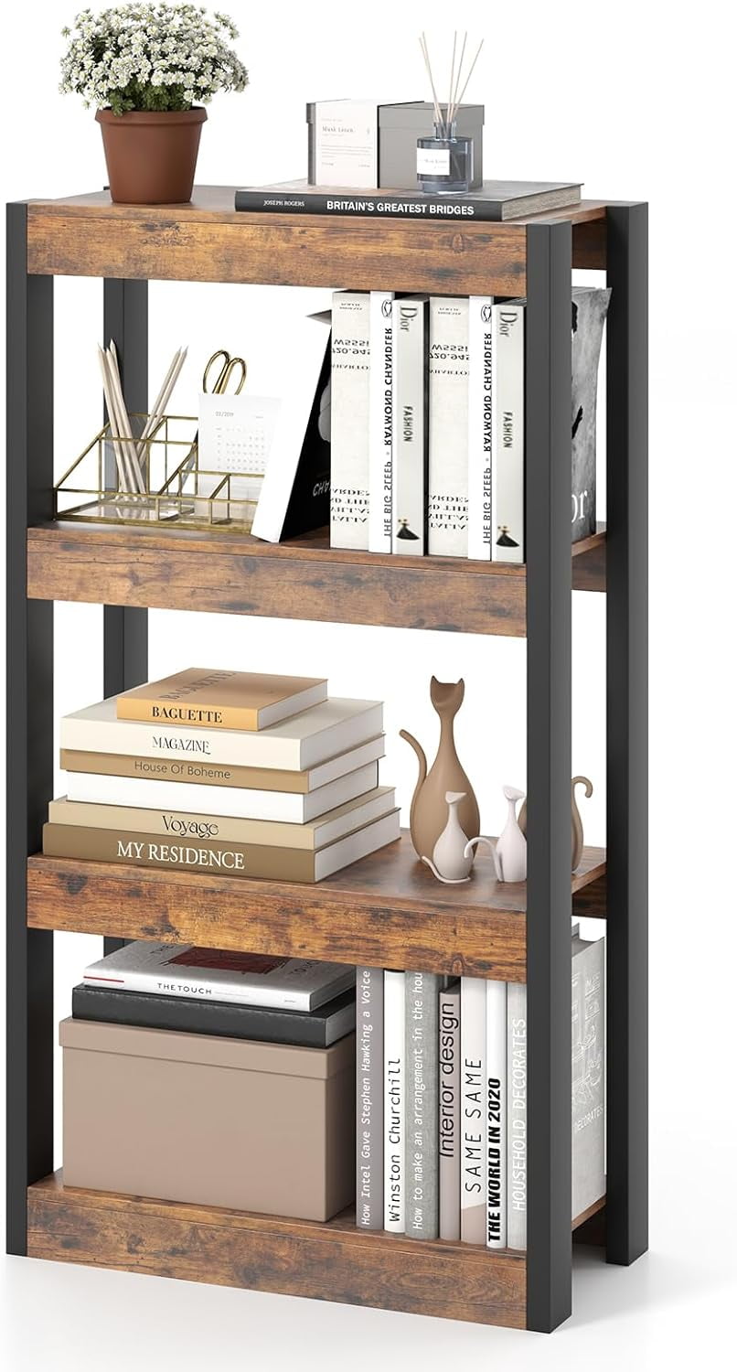 Hyxoo 4 Tier Open Bookshelf, Freestanding Wooden Bookcase with Storage ...
